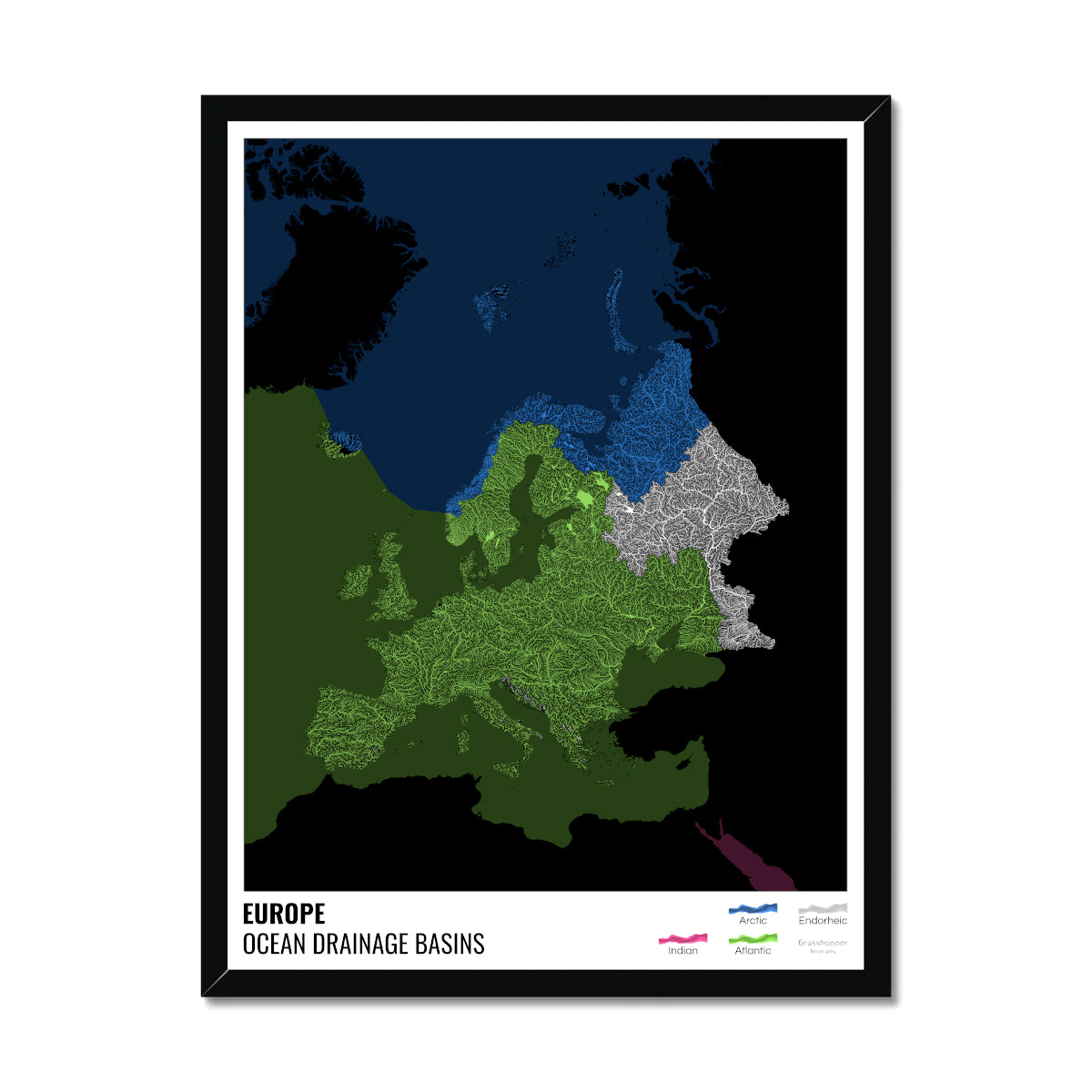 Europe - Ocean drainage basin map, black with legend v2 - Framed Print ...
