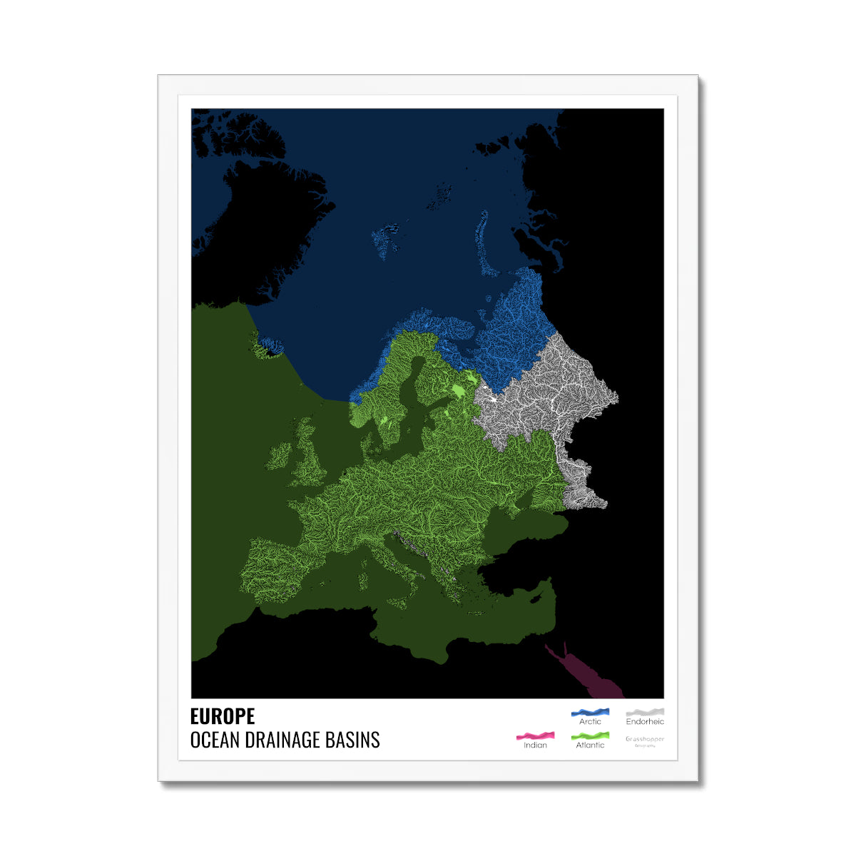 Europe - Ocean drainage basin map, black with legend v2 - Framed Print ...