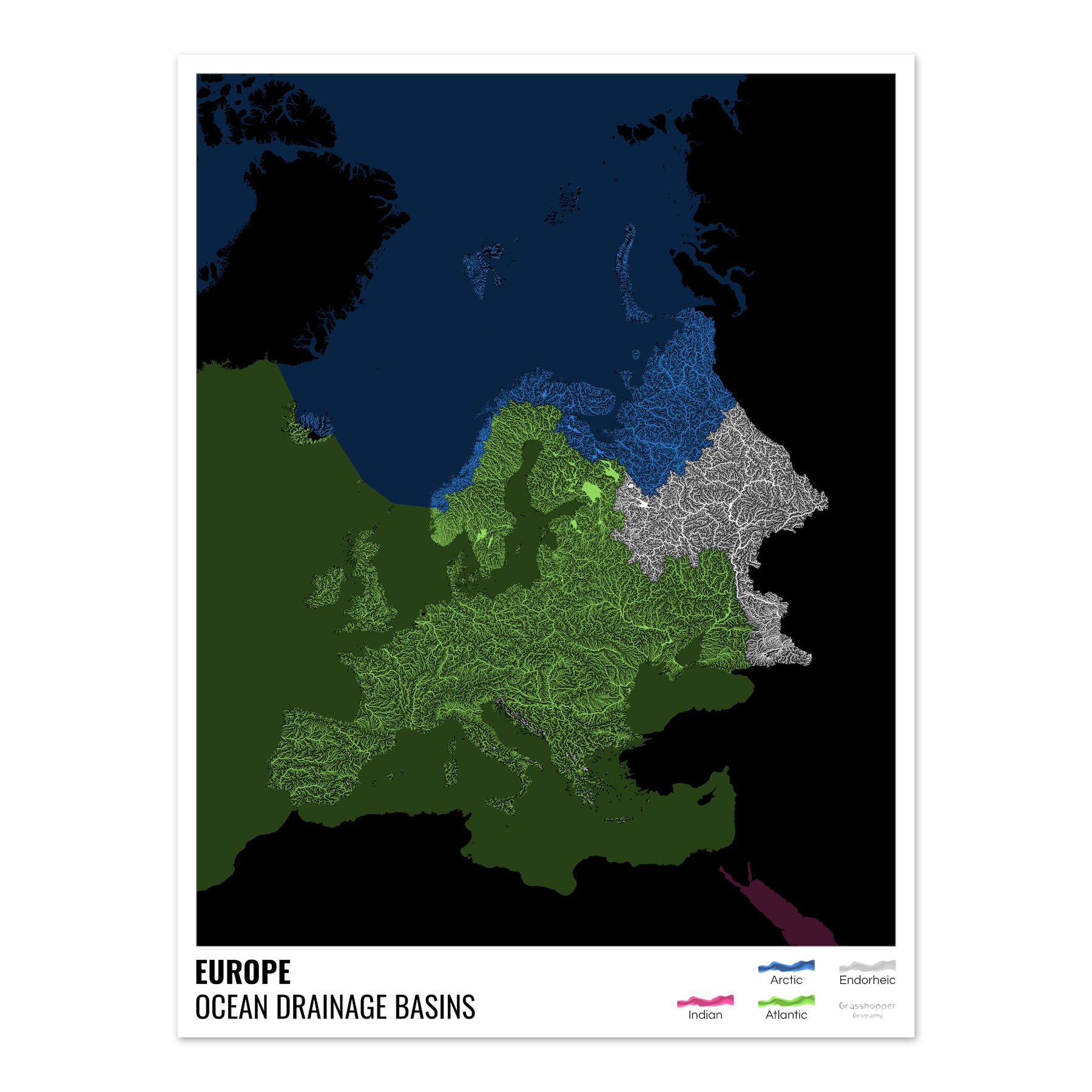 Europe Ocean Drainage Basin Map Black With Legend V2 Fine Art Pri