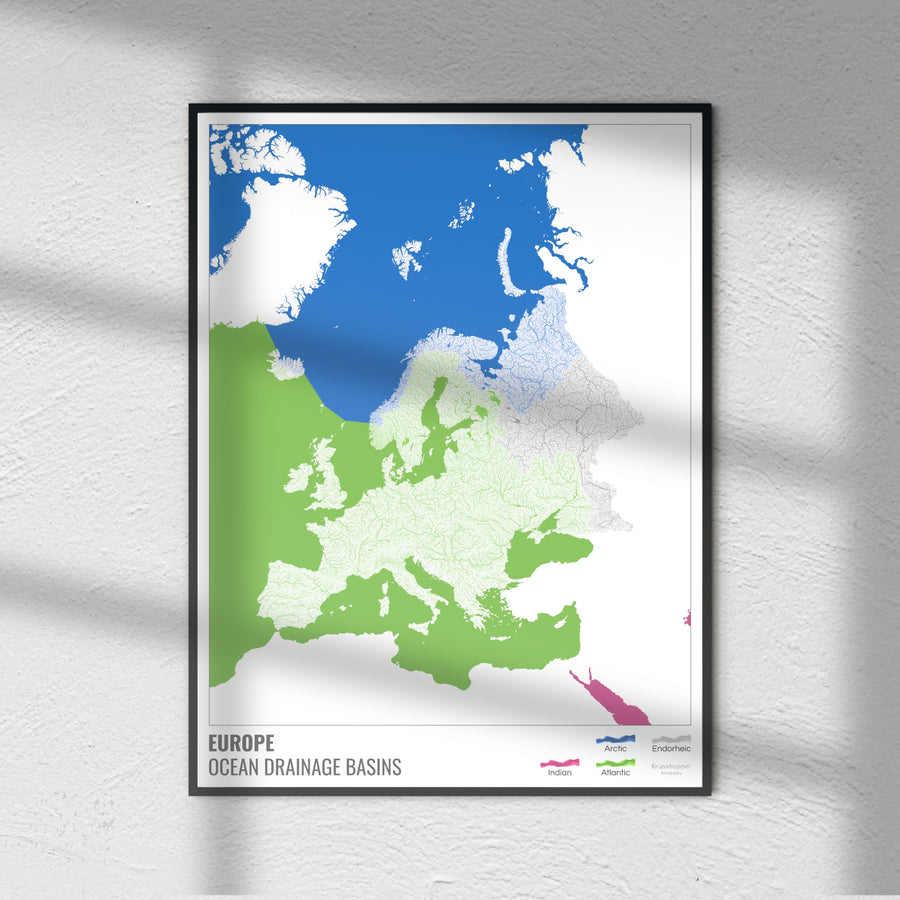 Europe Ocean Drainage Basin Map White With Legend V2 Fine Art Pri