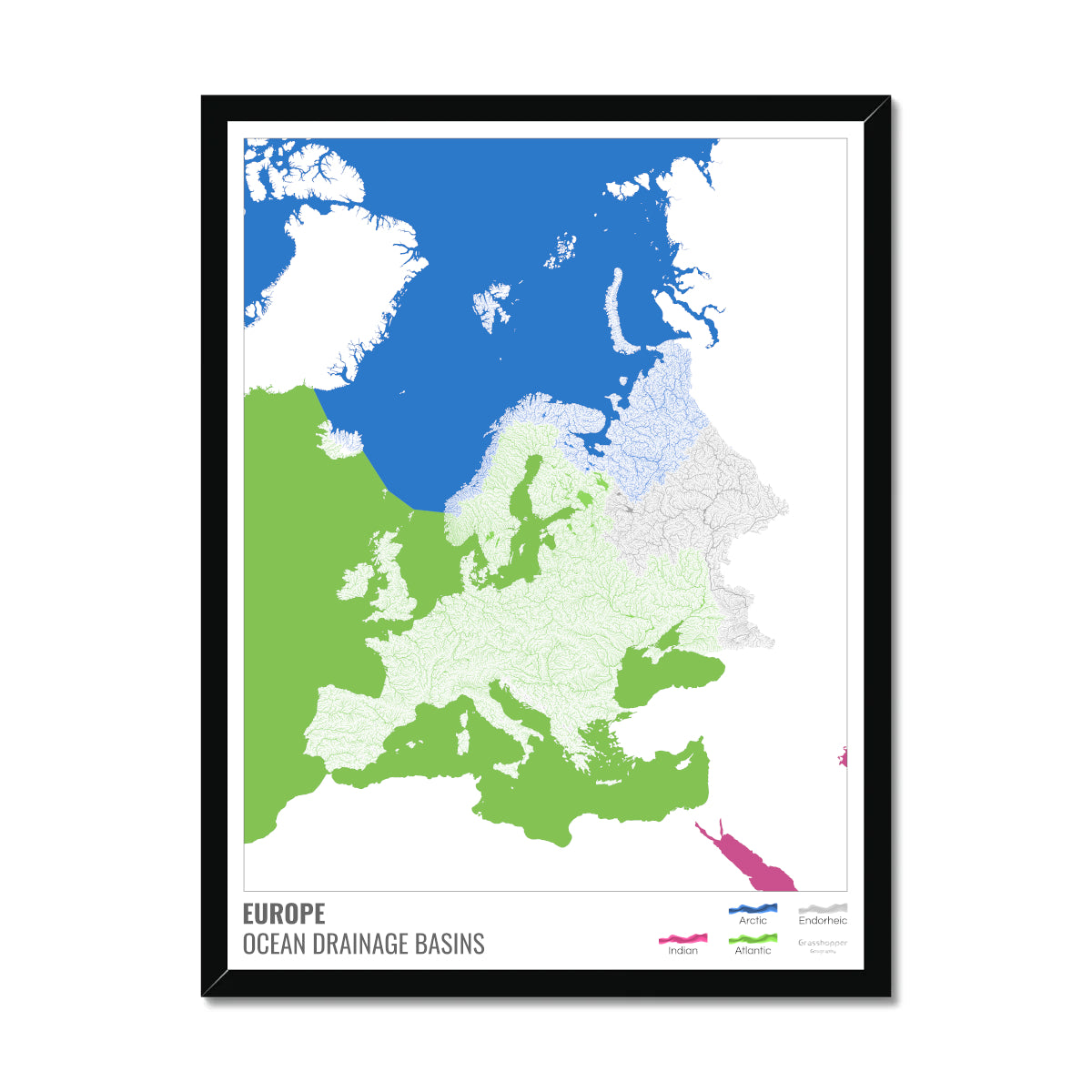 Europe Ocean Drainage Basin Map White With Legend V2 Framed Print