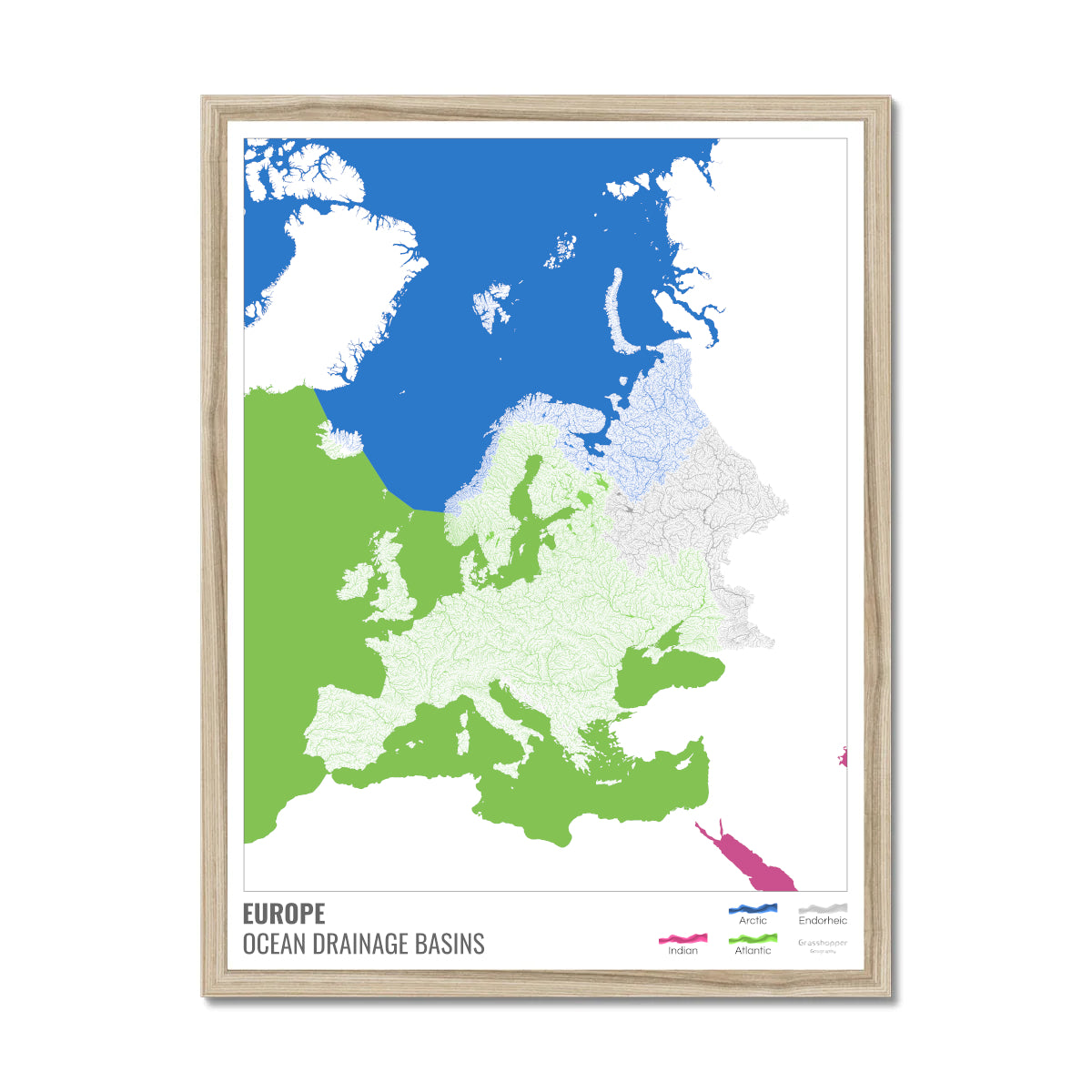Europe Ocean Drainage Basin Map White With Legend V2 Framed Print