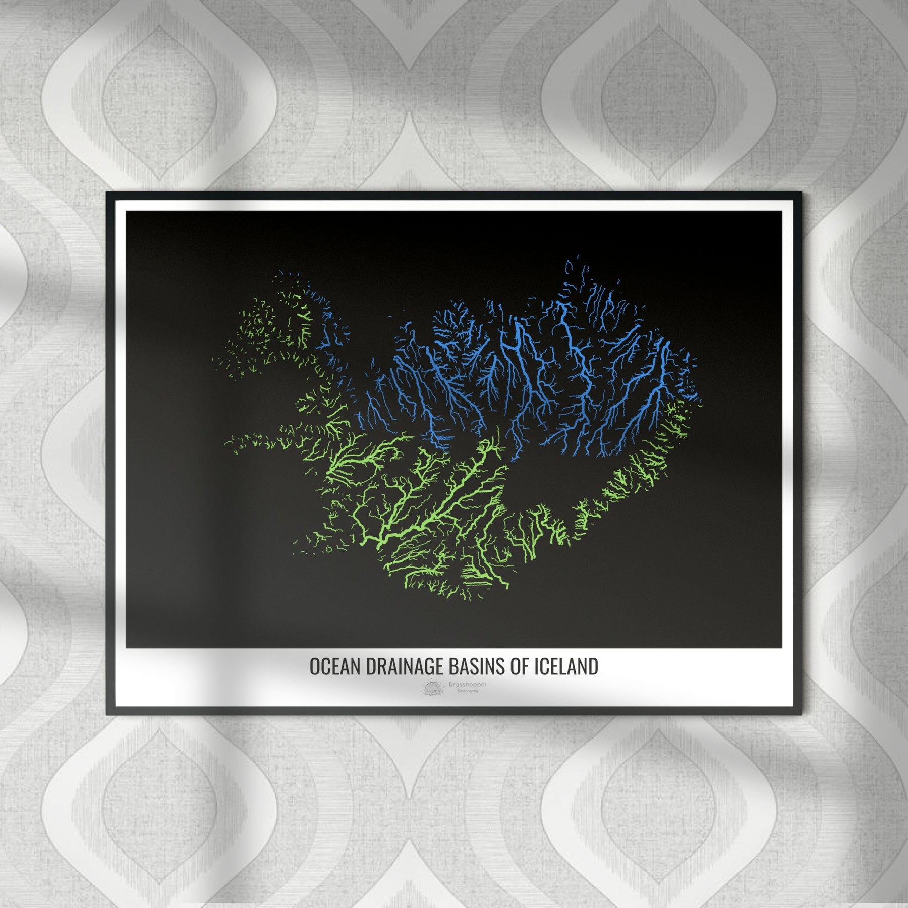 Iceland Ocean Drainage Basin Map Black V1 Photo Art Print
