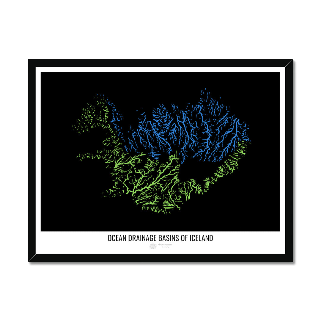 Iceland Ocean Drainage Basin Map Black V1 Framed Print