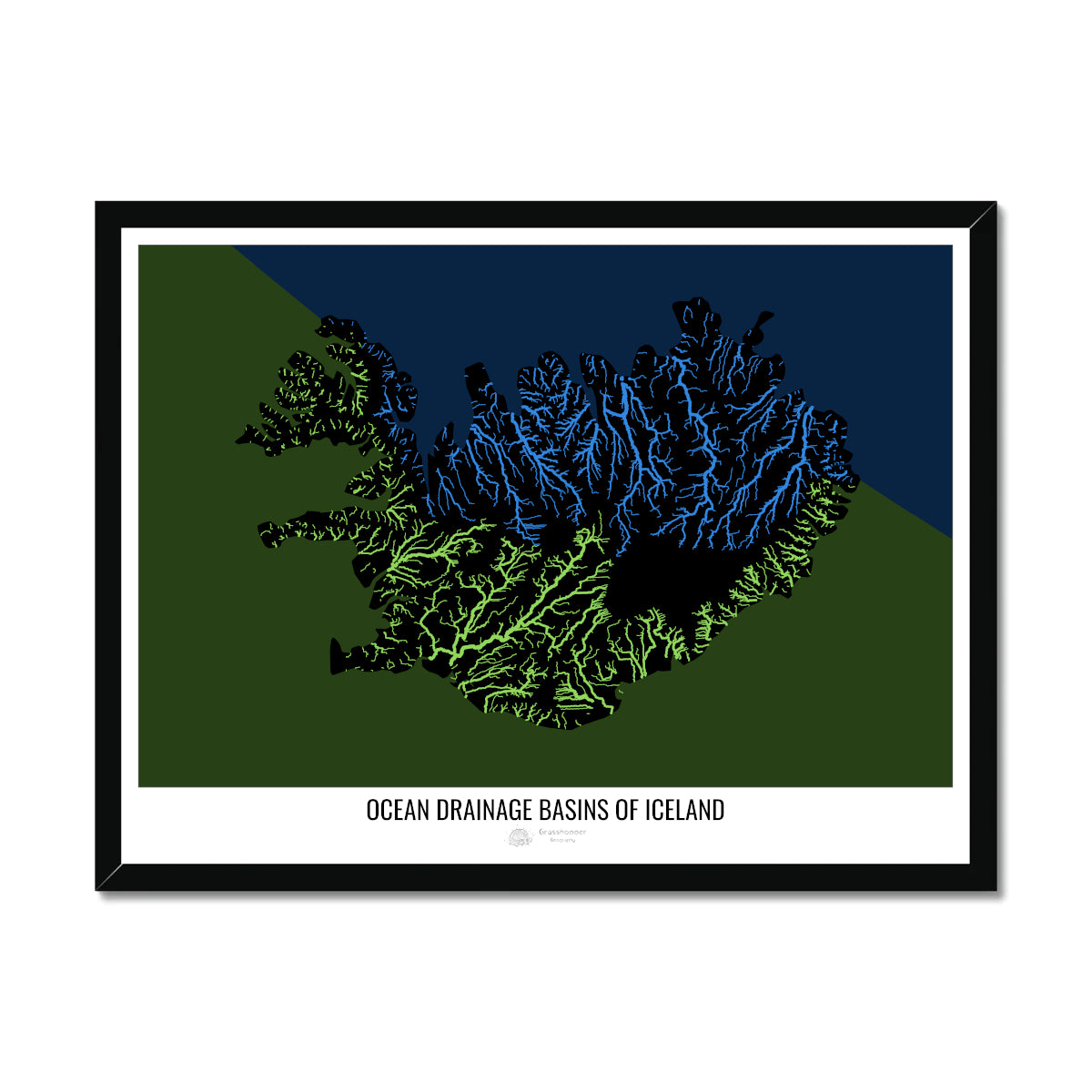 Iceland Ocean Drainage Basin Map Black V2 Framed Print