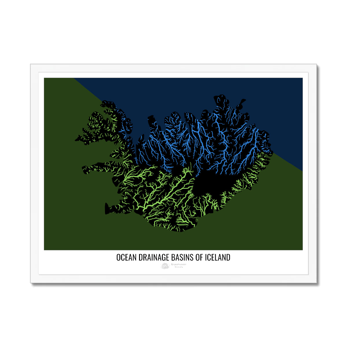 Iceland Ocean Drainage Basin Map Black V2 Framed Print