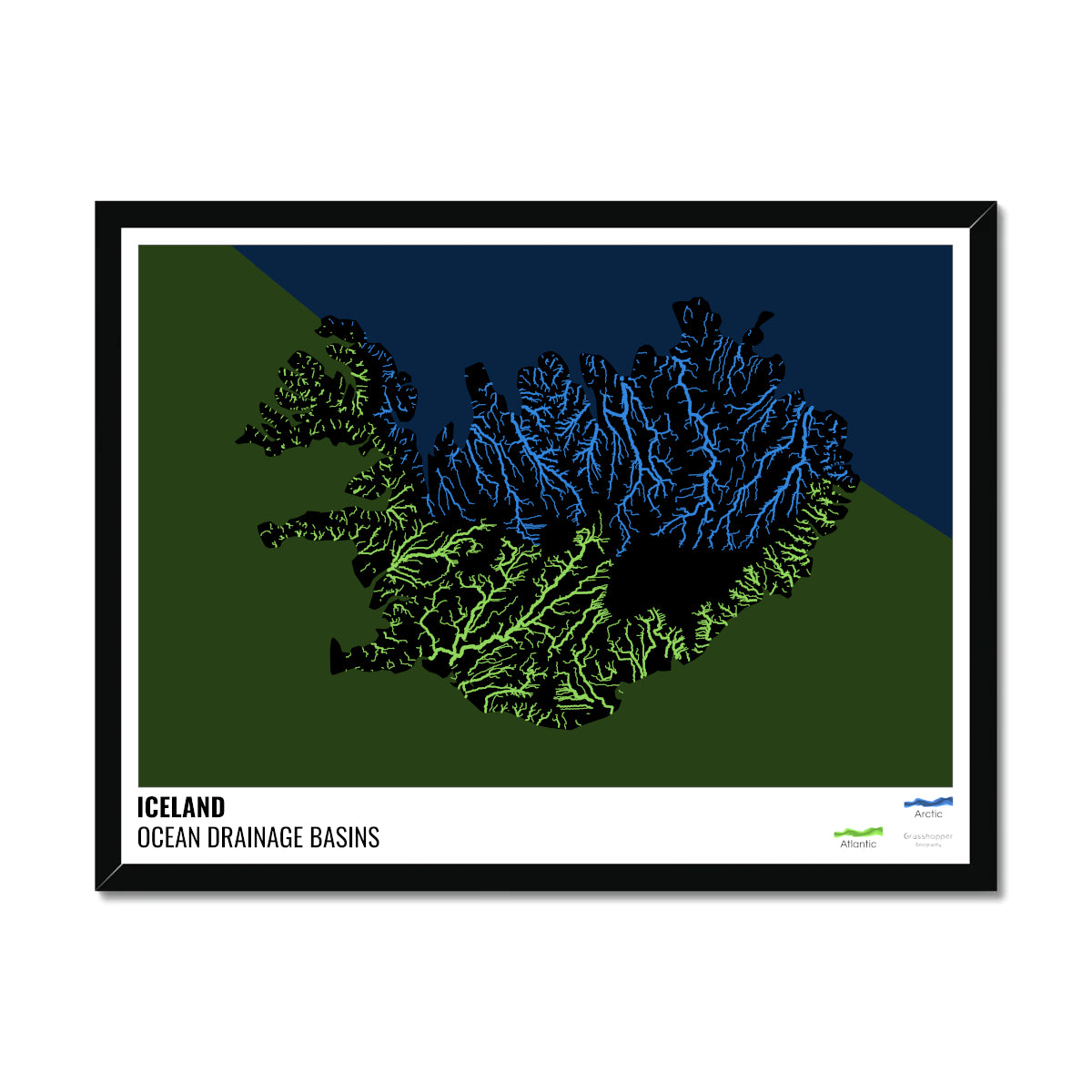 Iceland - Ocean drainage basin map, black with legend v2 - Framed Prin ...