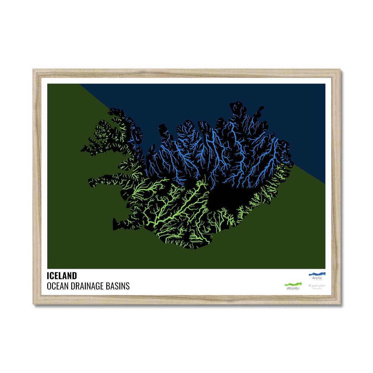 Iceland - Ocean drainage basin map, black with legend v2 - Framed Prin ...
