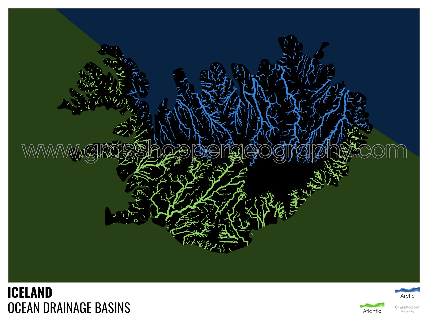 Iceland Ocean Drainage Basin Map Black With Legend V2 Fine Art Pr