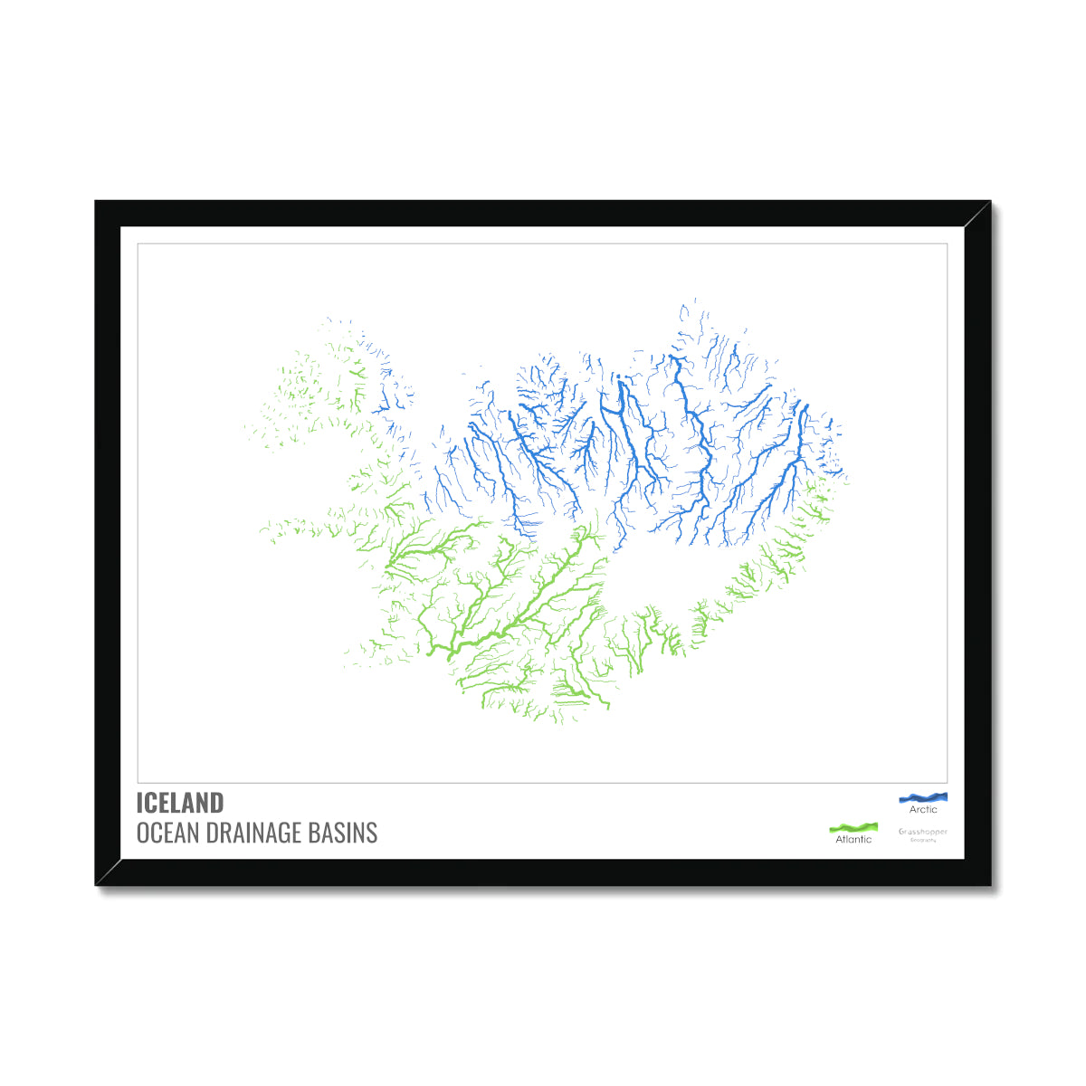Iceland Ocean Drainage Basin Map White With Legend V1 Framed Prin