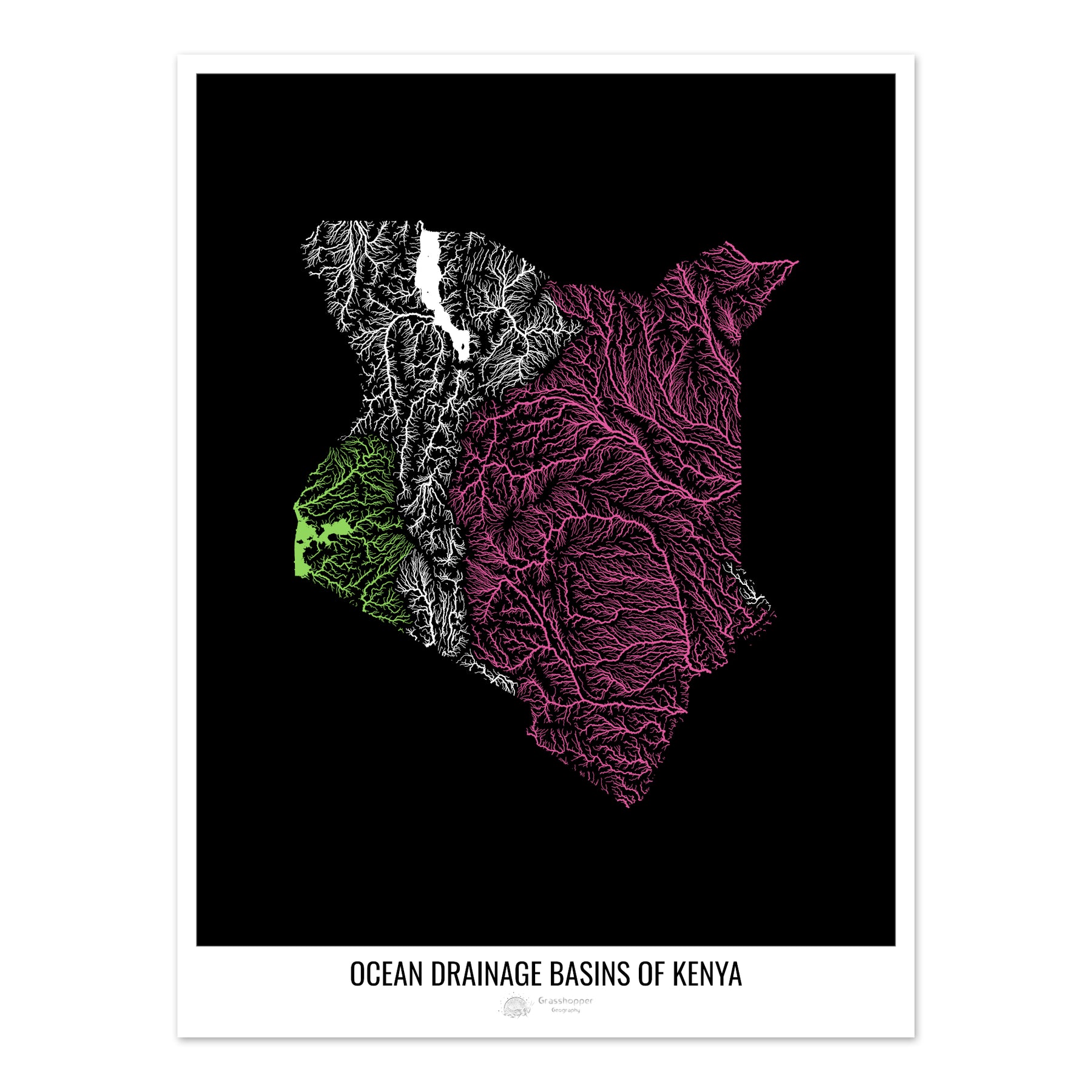 Kenya Ocean Drainage Basin Map Black V1 Fine Art Print