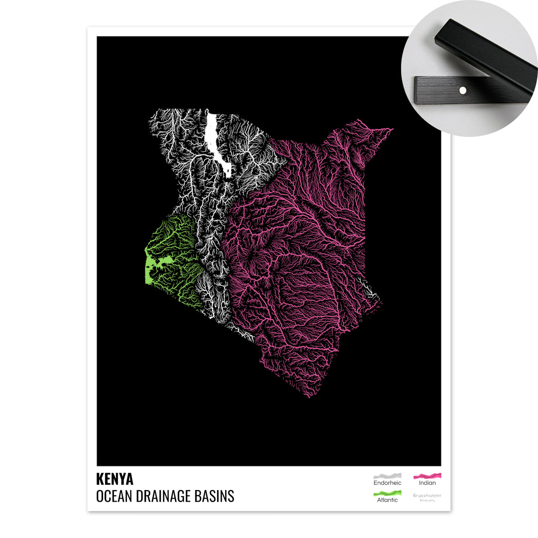 Kenya Ocean Drainage Basin Map Black With Legend V1 Fine Art Prin