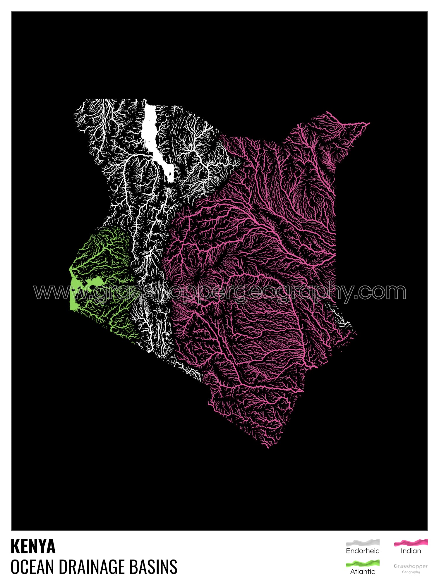 Kenya Ocean Drainage Basin Map Black With Legend V1 Fine Art Prin