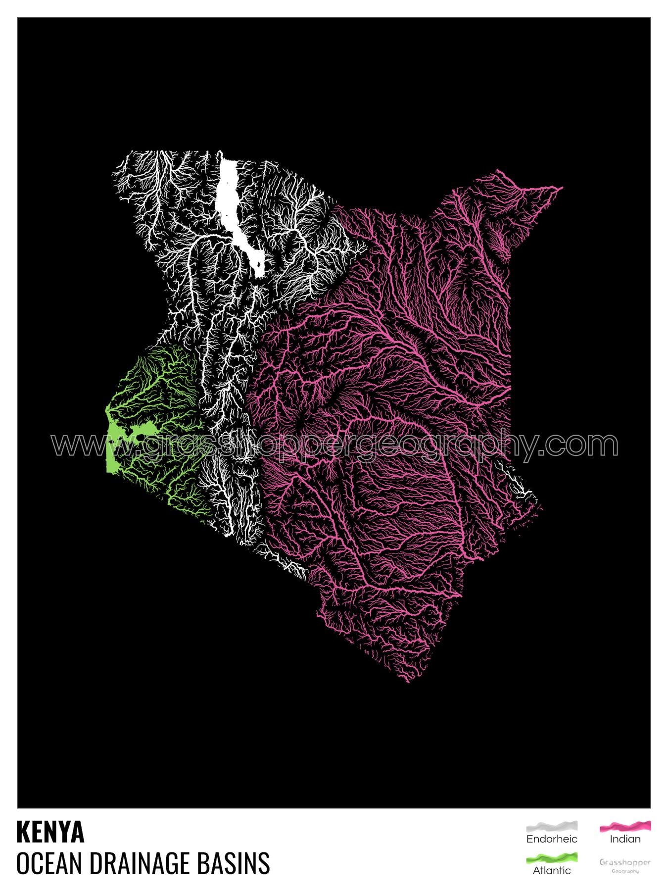 Kenya - Ocean drainage basin map, black with legend v1 - Fine Art Prin ...