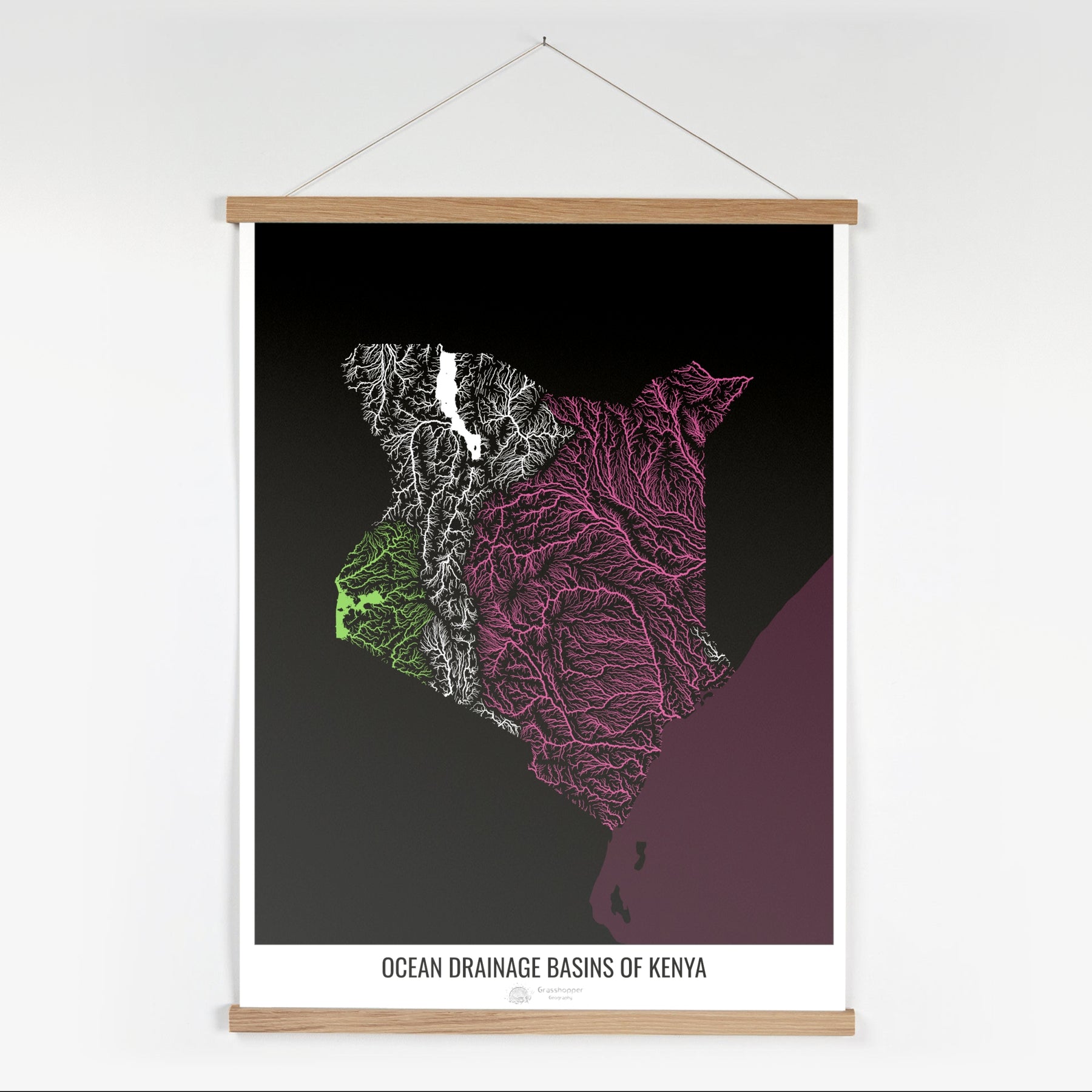 Kenya - Ocean drainage basin map, black v2 - Fine Art Print with Hange ...
