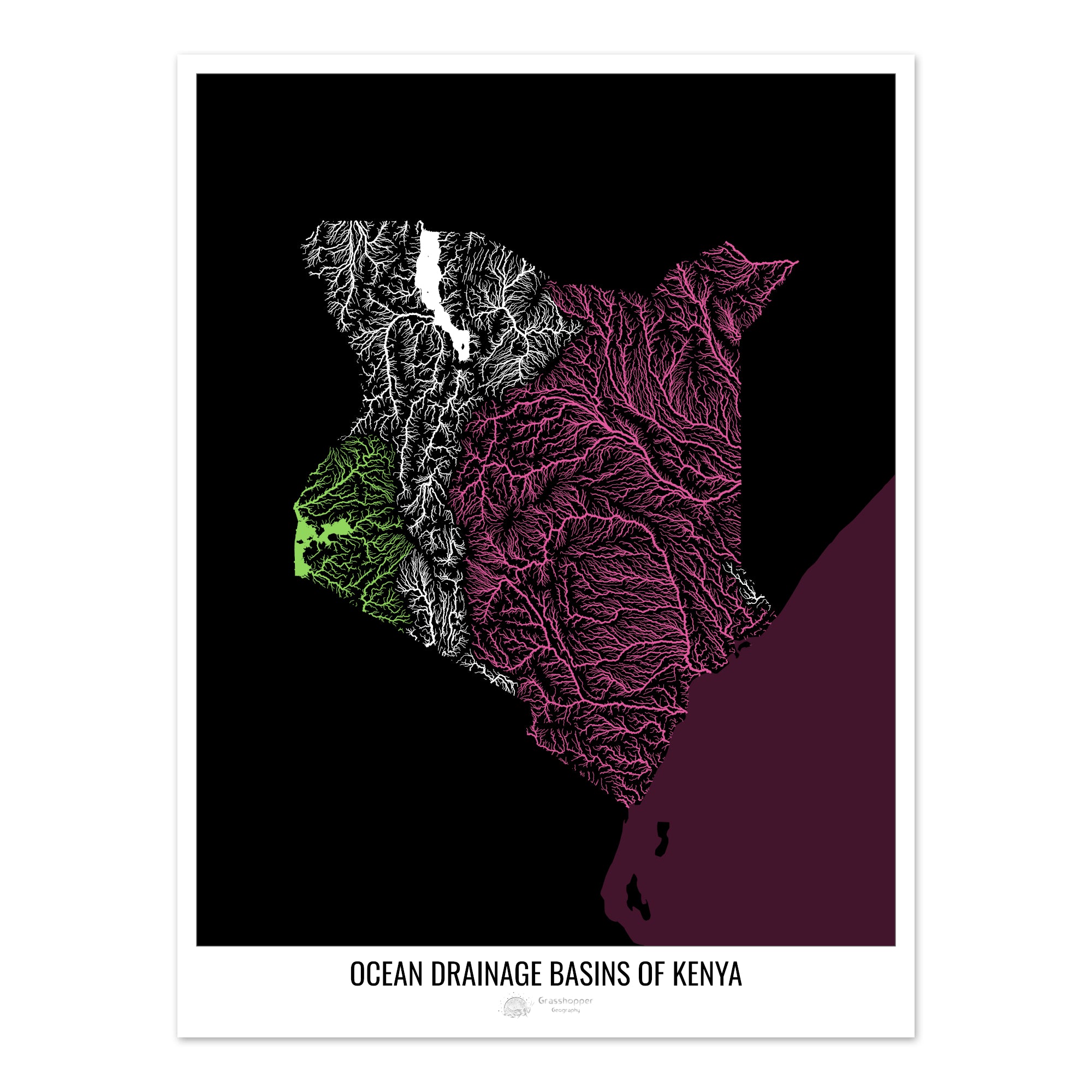 Kenya Ocean Drainage Basin Map Black V2 Photo Art Print