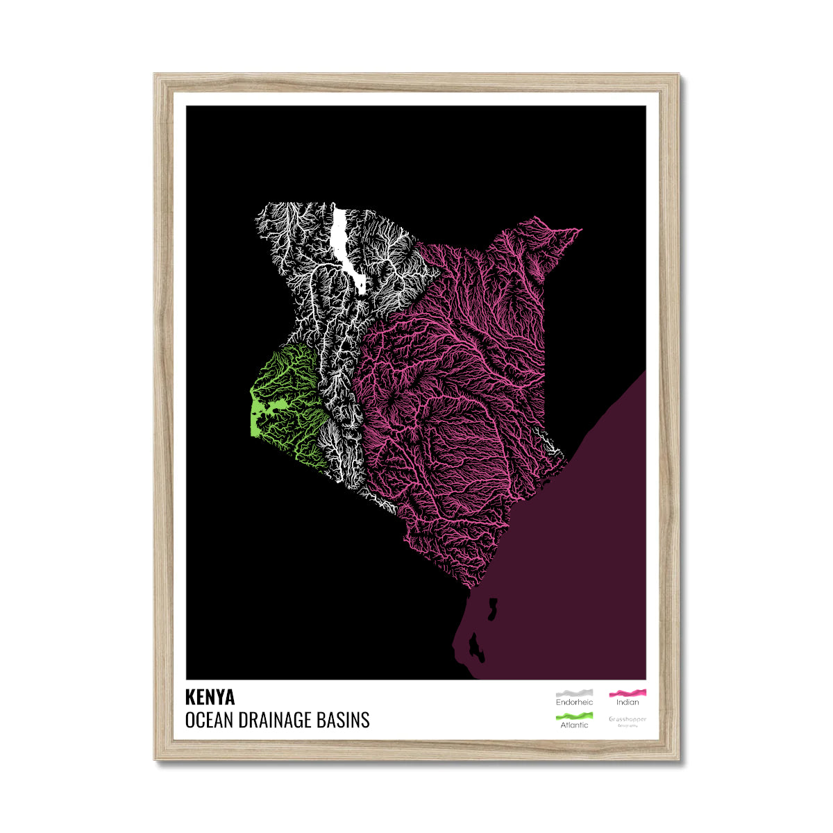 Kenya - Ocean drainage basin map, black with legend v2 - Framed Print ...