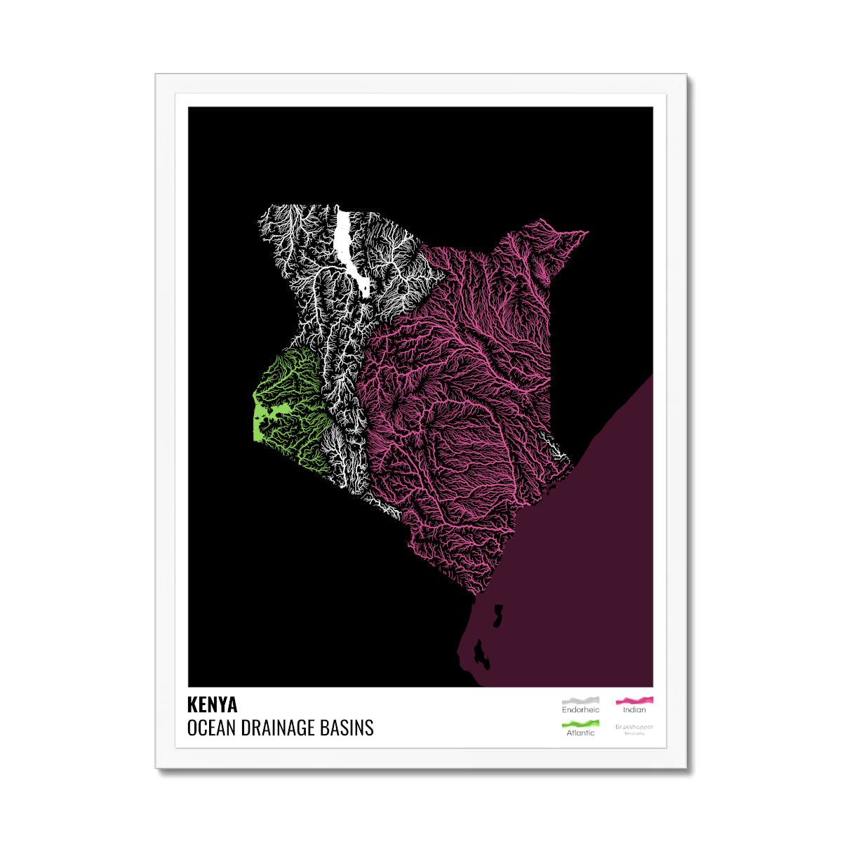 Kenya Ocean Drainage Basin Map Black With Legend V2 Framed Print