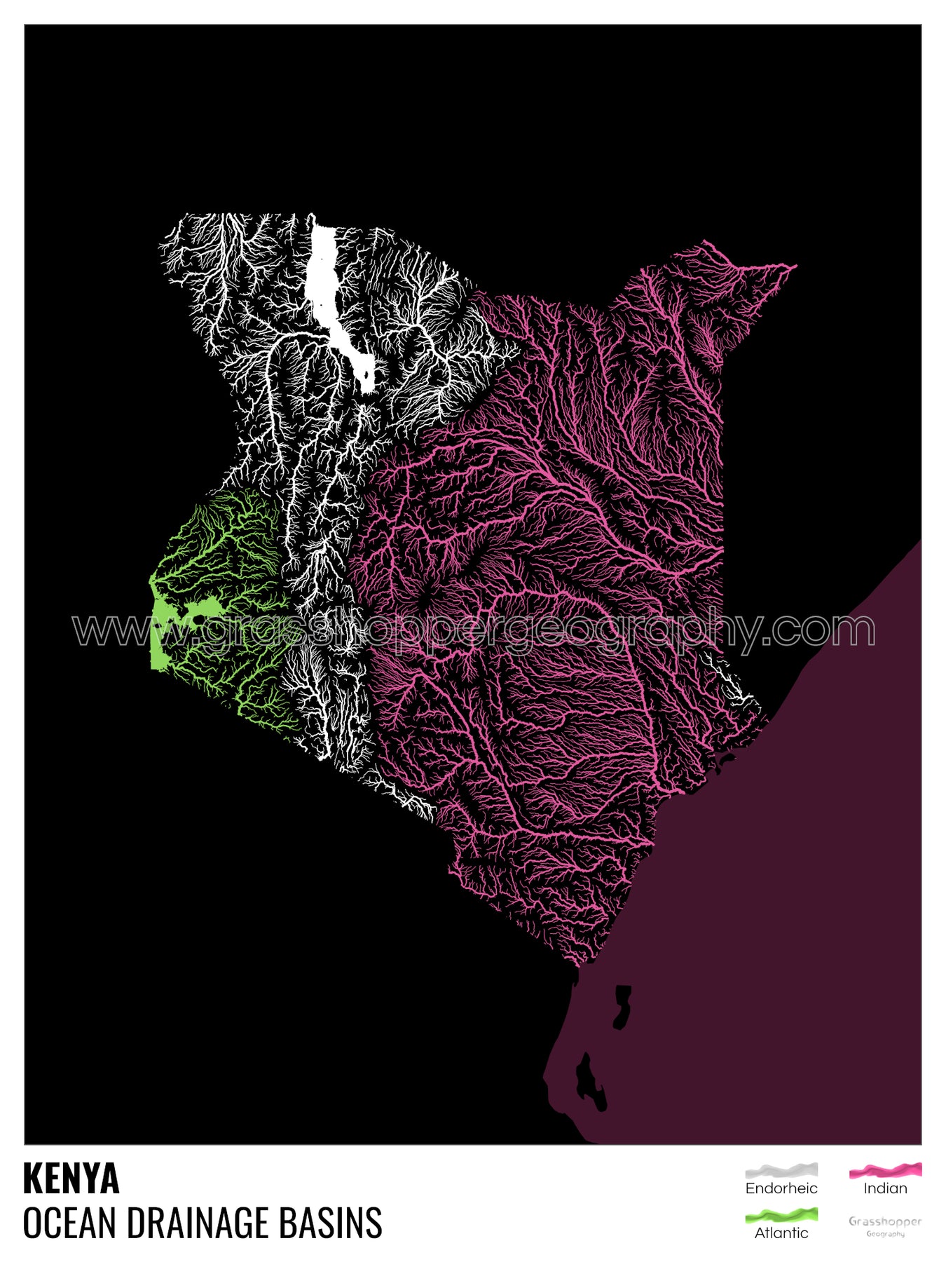Kenya - Ocean drainage basin map, black with legend v2 - Fine Art Prin ...