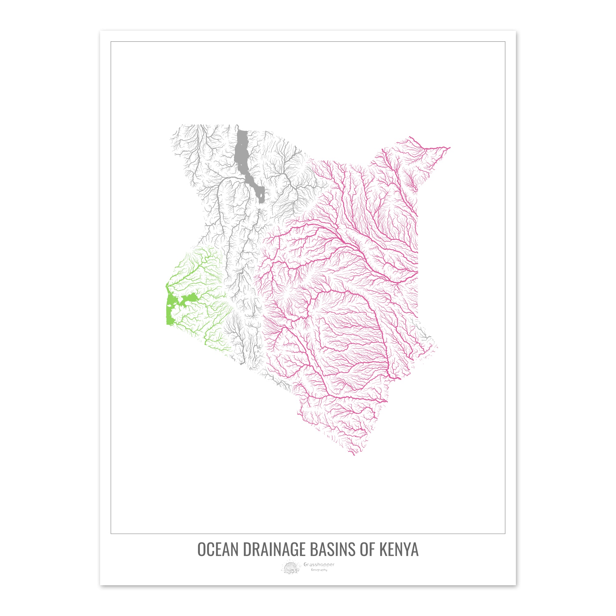 Kenya Ocean Drainage Basin Map White V1 Fine Art Print