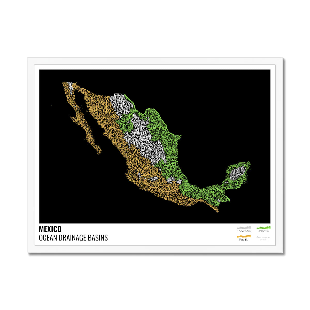Mexico - Ocean drainage basin map, black with legend v1 - Framed Print ...