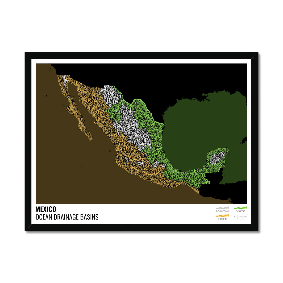 Mexico - Ocean drainage basin map, black with legend v2 - Framed Print ...