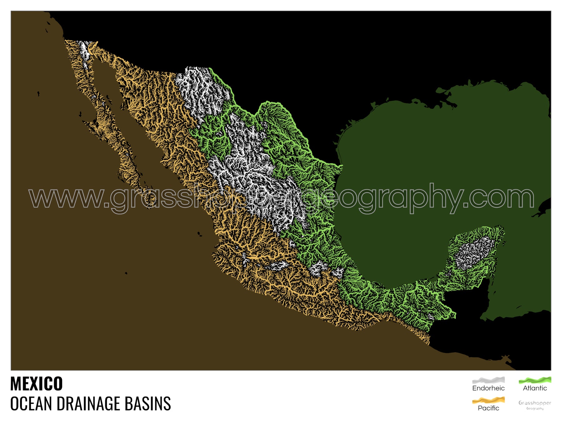 Mexico - Ocean drainage basin map, black with legend v2 - Fine Art Pri ...