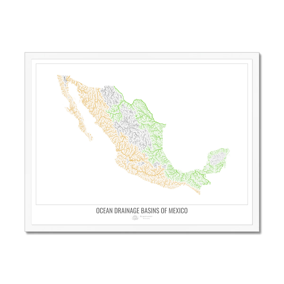 Mexico Ocean Drainage Basin Map White V1 Framed Print