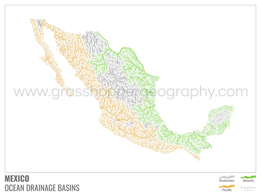Mexico - Ocean drainage basin map, white with legend v1 - Fine Art Pri ...