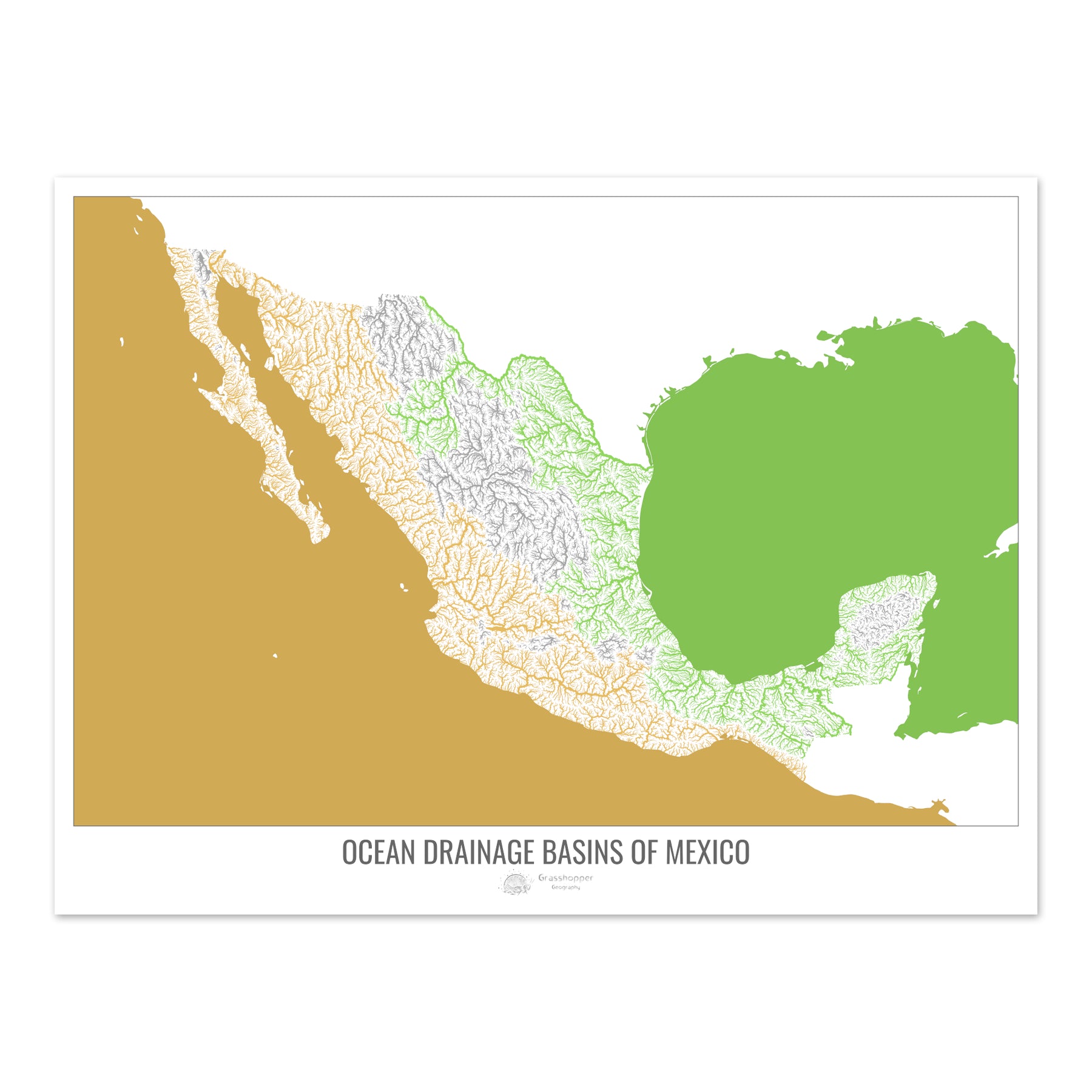 Mexico Ocean Drainage Basin Map White V2 Fine Art Print