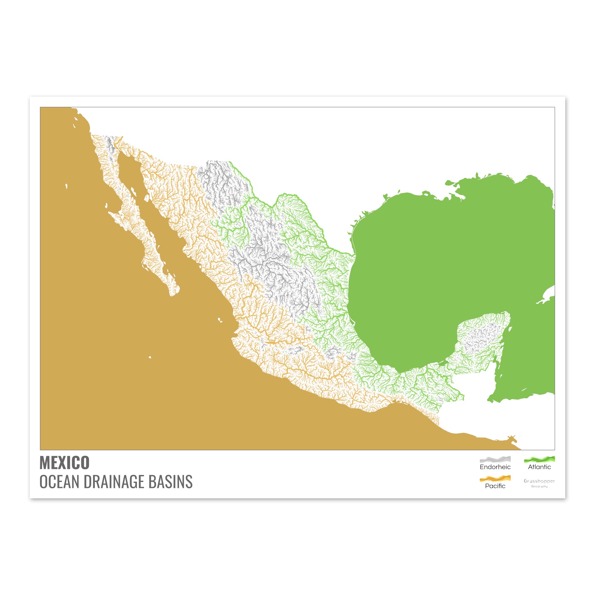 Mexico Ocean Drainage Basin Map White With Legend V2 Photo Art Pr