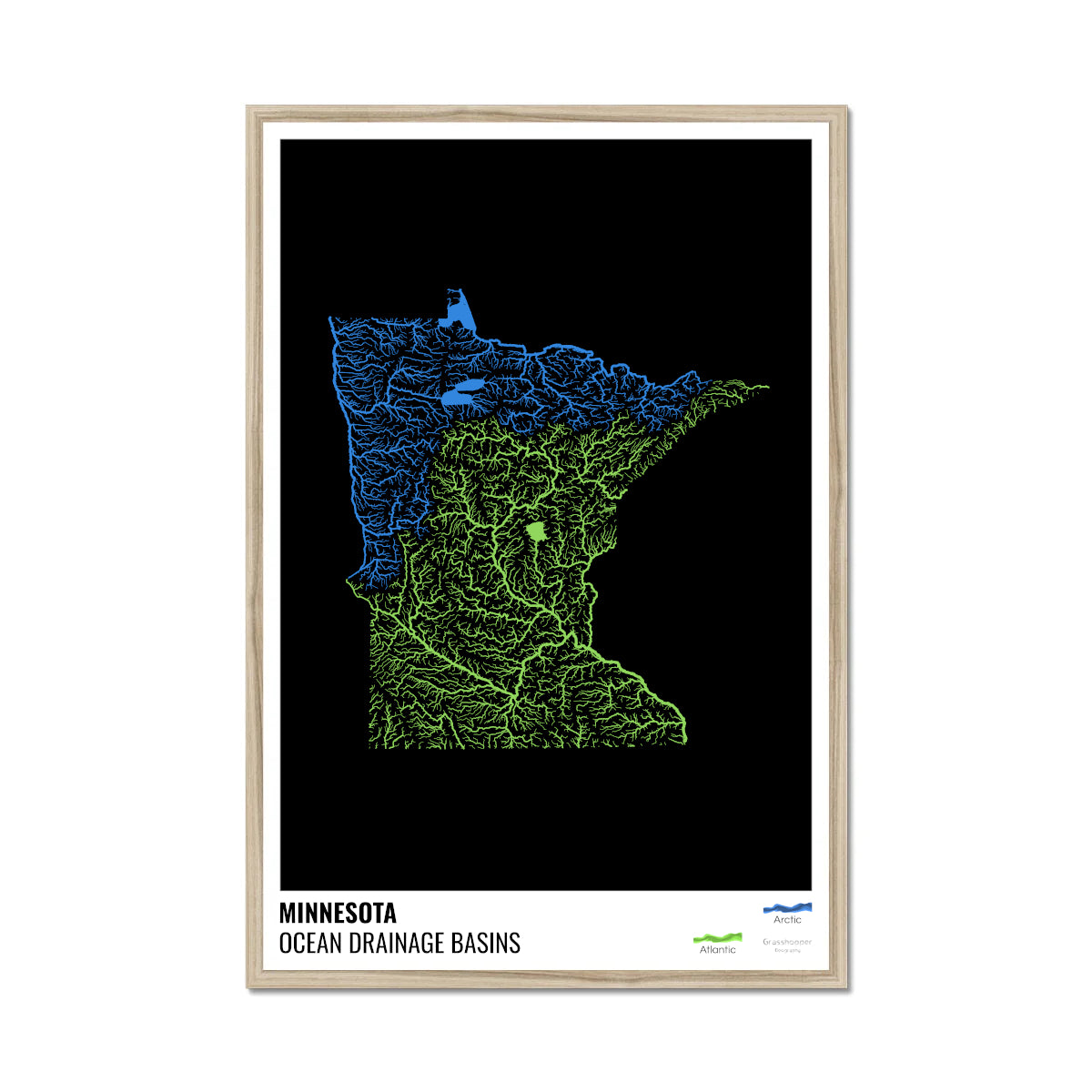 Minnesota - Ocean drainage basin map, black with legend v1 - Framed Pr ...