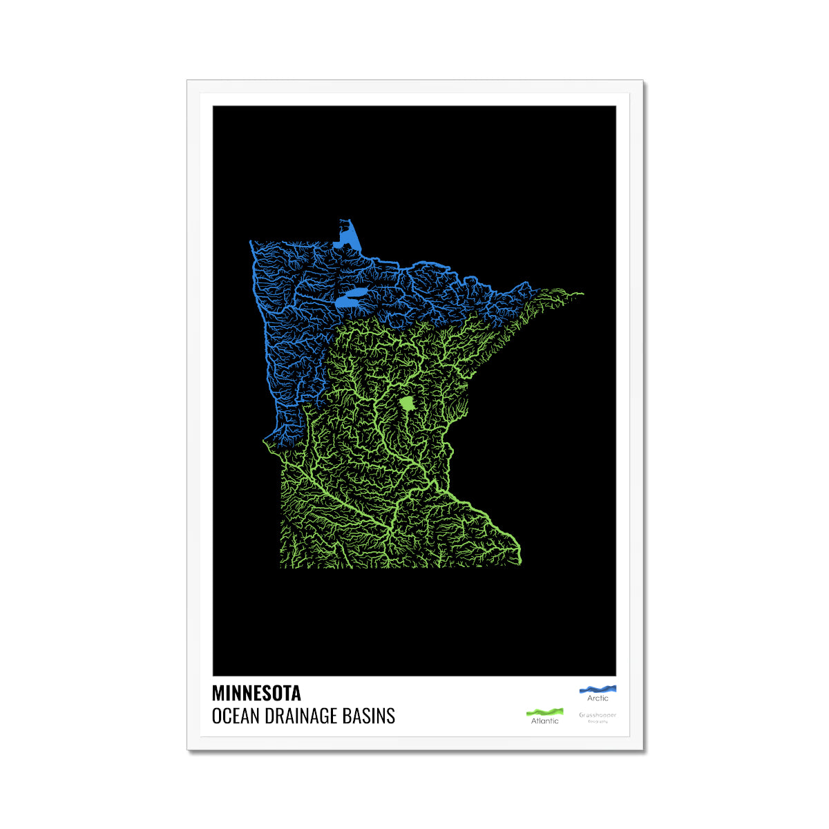 Minnesota - Ocean drainage basin map, black with legend v1 - Framed Pr ...