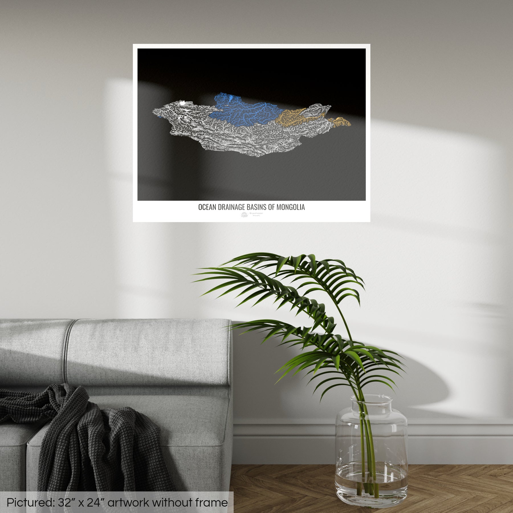 Mongolia Ocean Drainage Basin Map Black V1 Fine Art Print