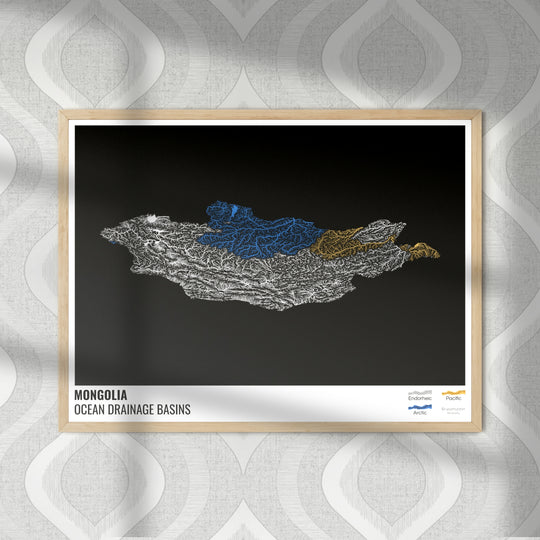 Mongolia Ocean Drainage Basin Map Black With Legend V1 Photo Art
