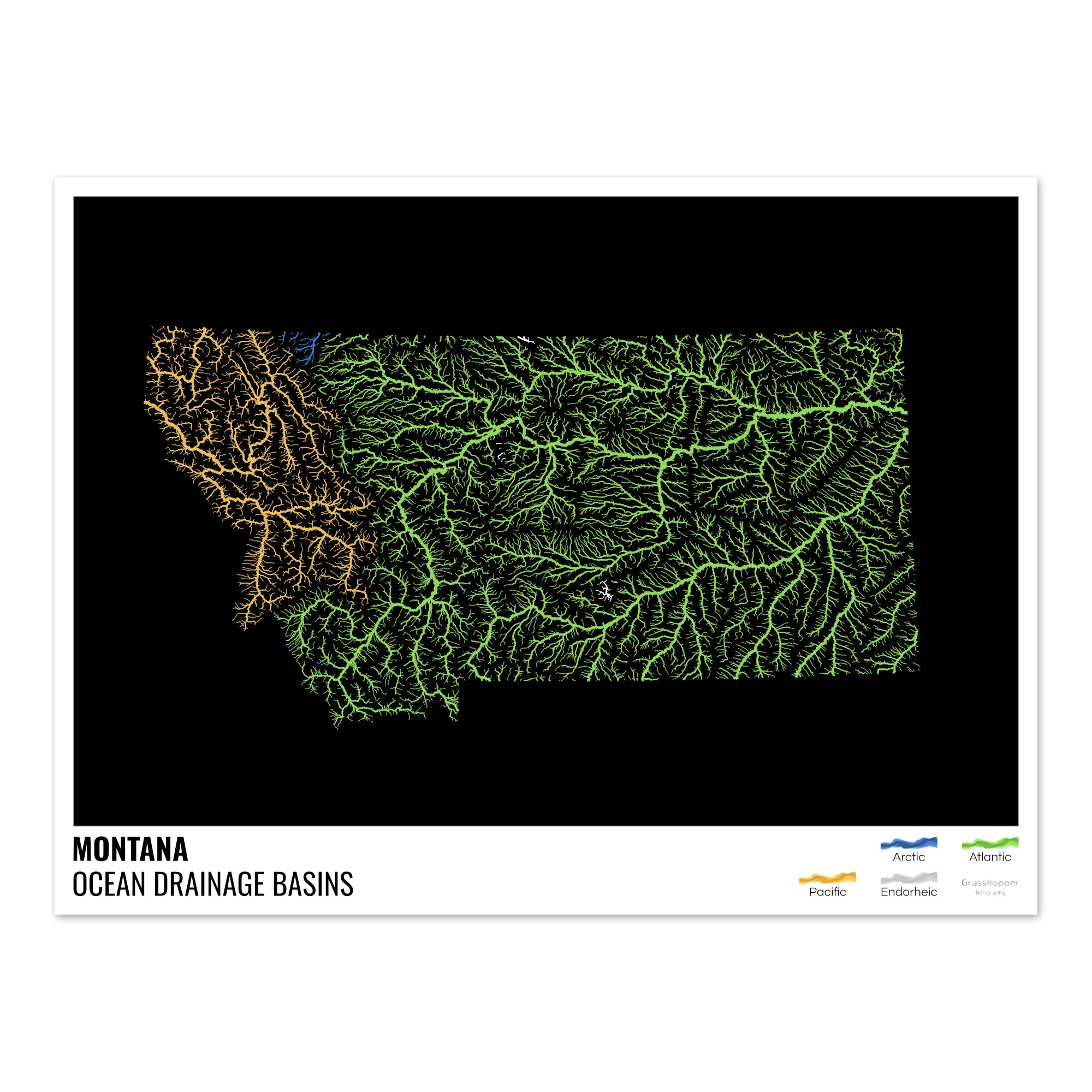 Montana - Ocean drainage basin map, black with legend v1 - Fine Art Pr ...