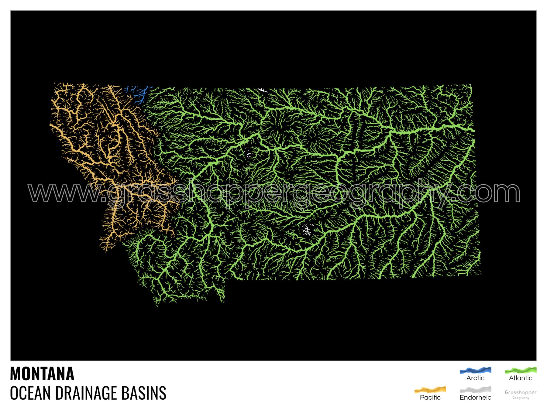 Montana Ocean Drainage Basin Map Black With Legend V1 Fine Art Pr