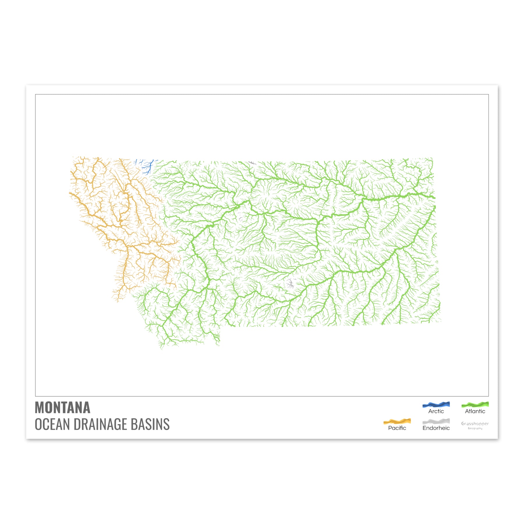 Montana - Ocean drainage basin map, white with legend v1 - Fine Art Pr ...