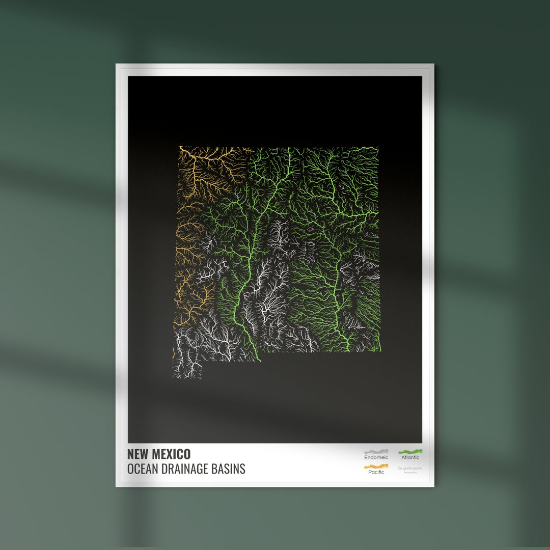New Mexico Ocean Drainage Basin Map Black With Legend V1 Fine Art