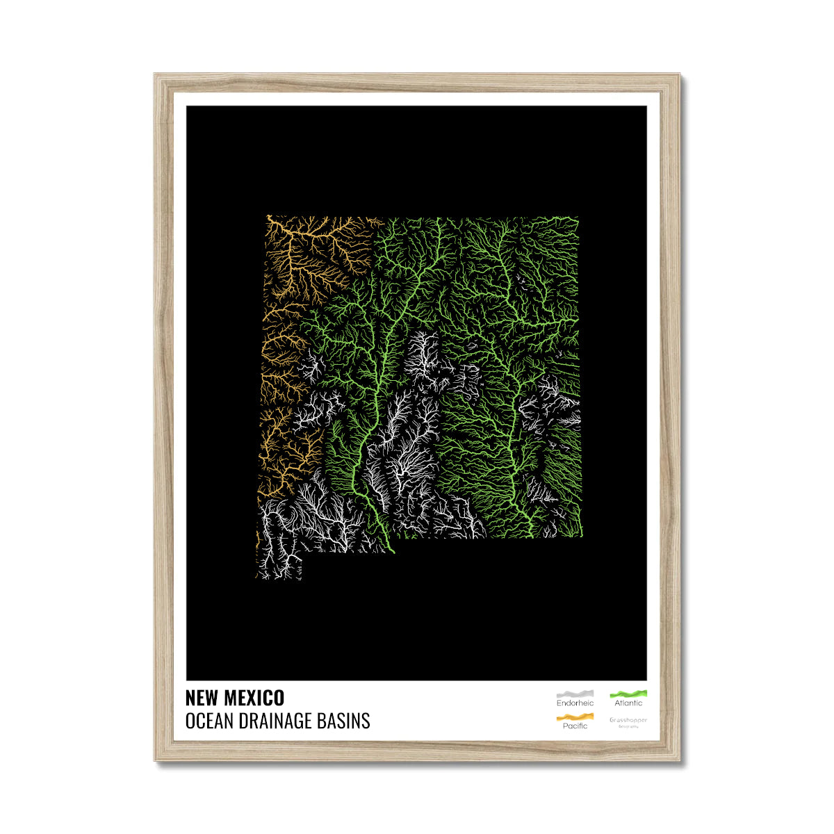 New Mexico - Ocean drainage basin map, black with legend v1 - Framed P ...