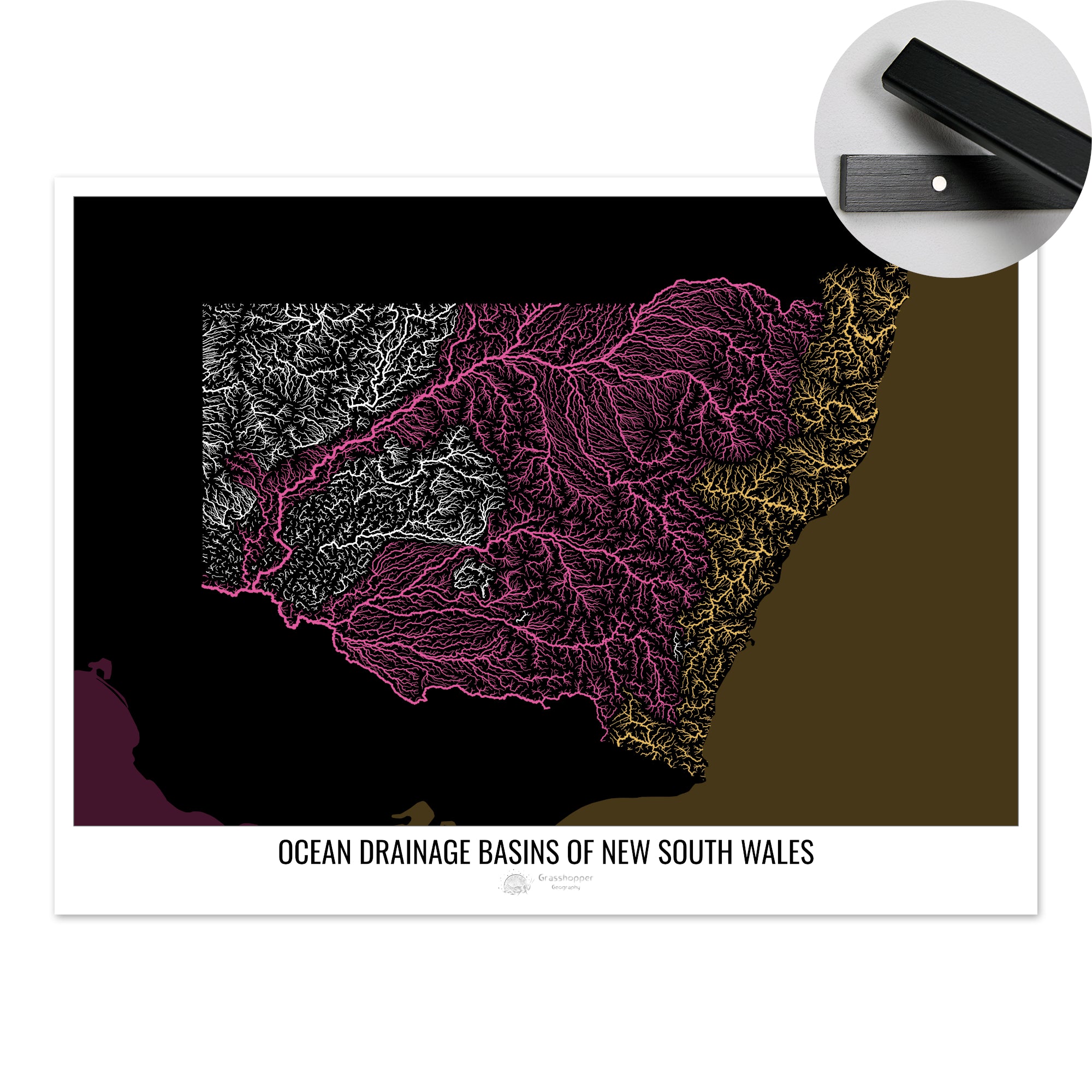 New South Wales Ocean Drainage Basin Map Black V2 Fine Art Print