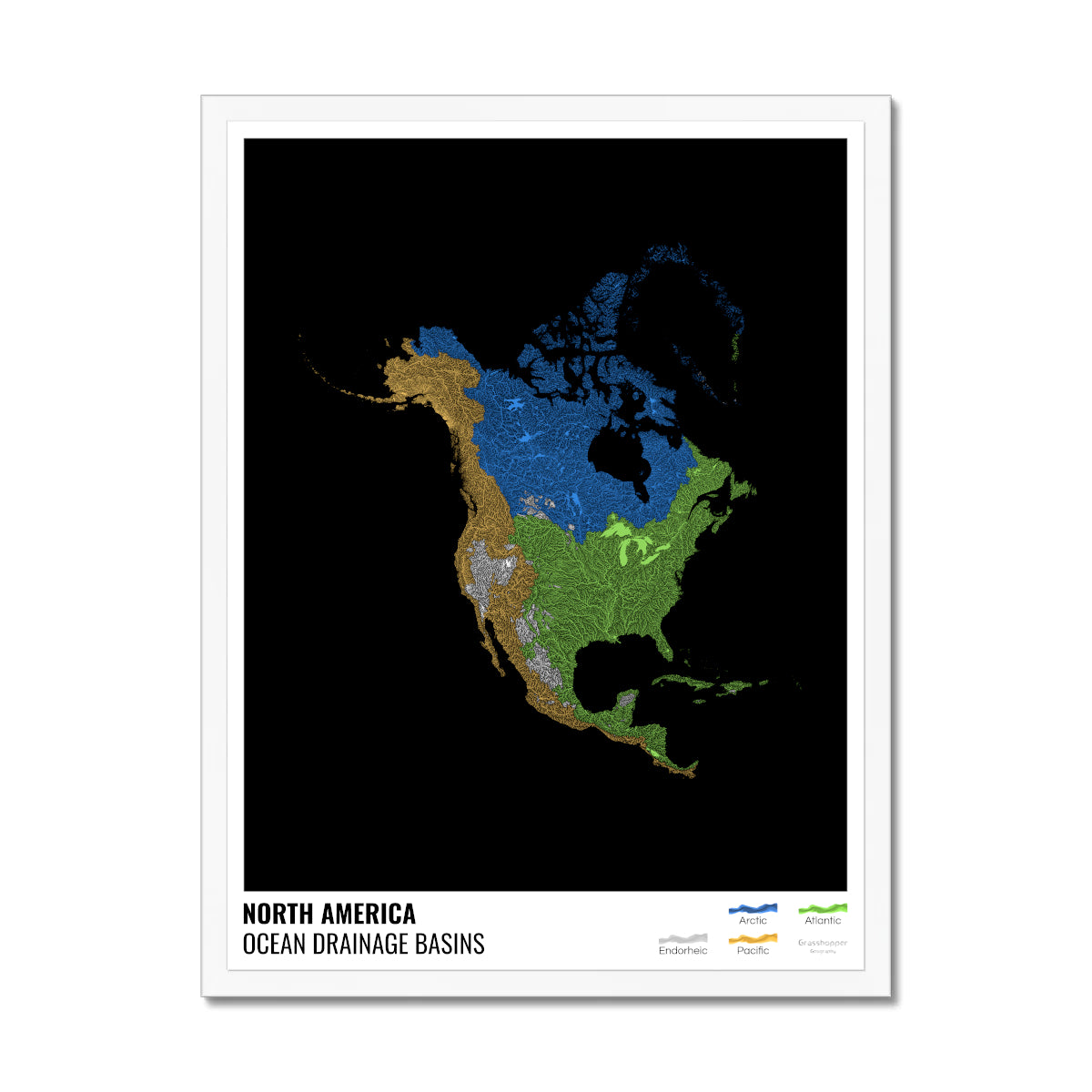 North America - Ocean drainage basin map, black with legend v1 - Frame ...