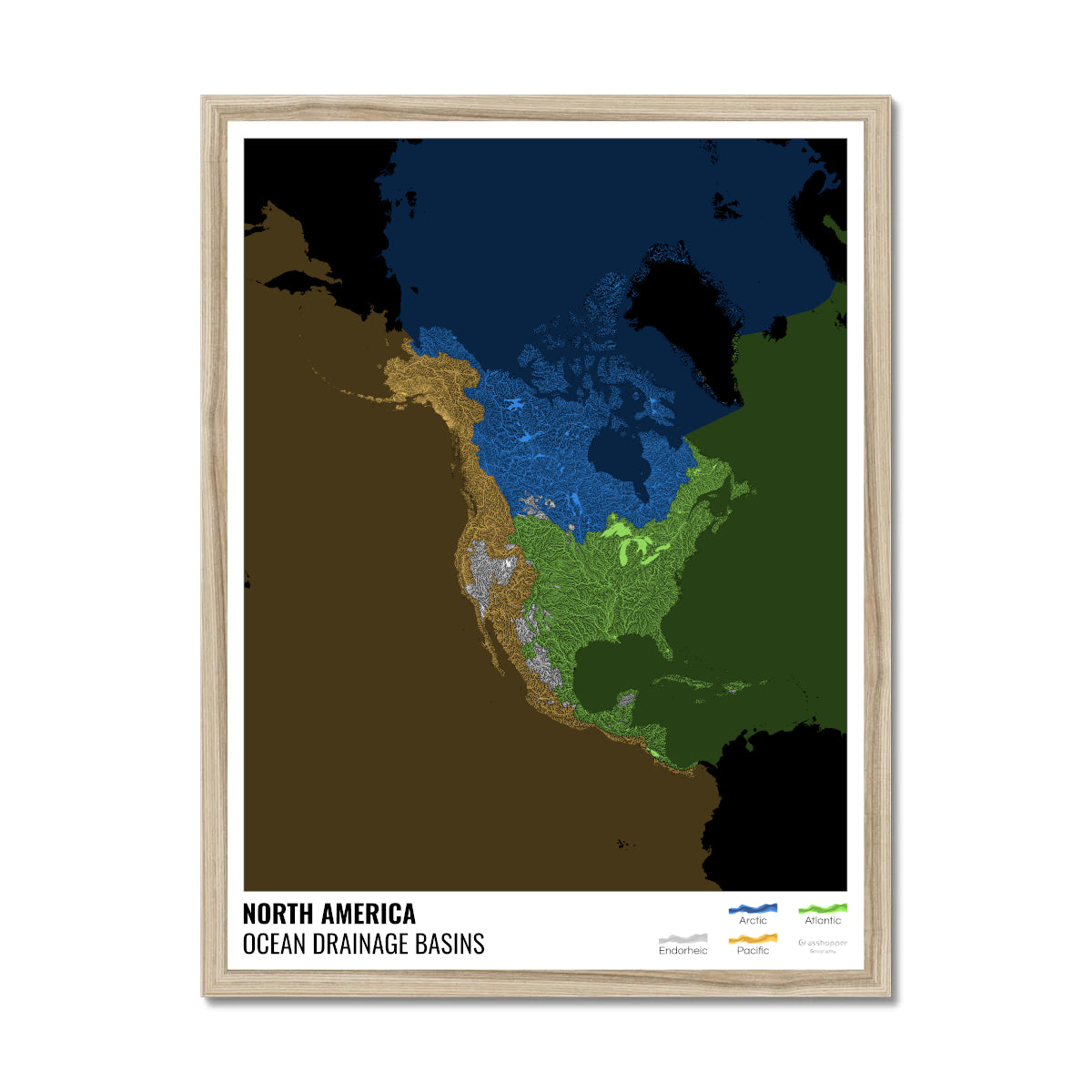 North America - Ocean drainage basin map, black with legend v2 - Frame ...
