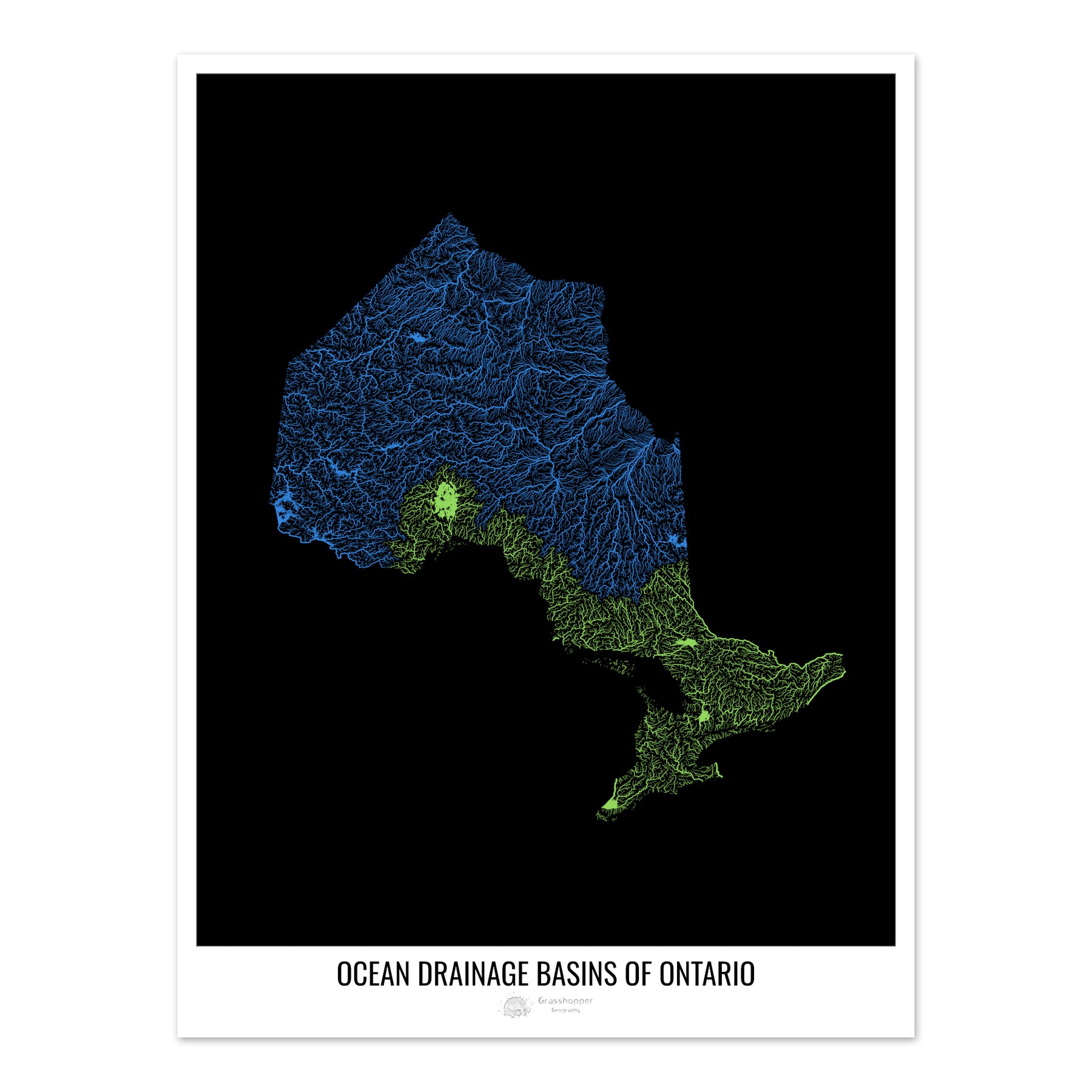 Ontario Ocean Drainage Basin Map Black V1 Fine Art Print