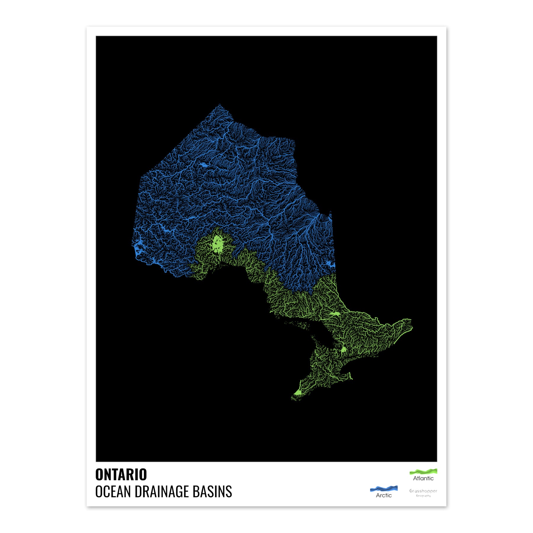Ontario Ocean Drainage Basin Map Black With Legend V1 Fine Art Pr