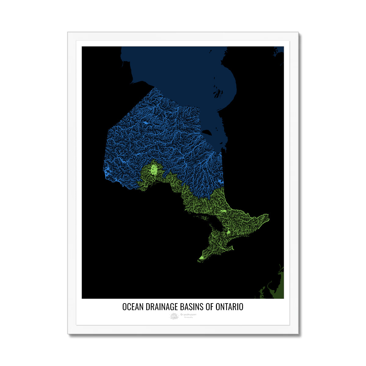 Ontario Ocean Drainage Basin Map Black V2 Framed Print