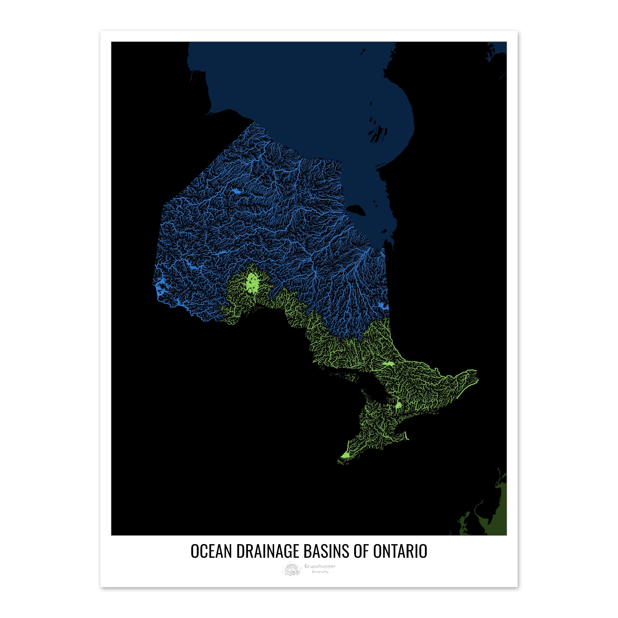 Ontario - Ocean drainage basin map, black v2 - Fine Art Print ...