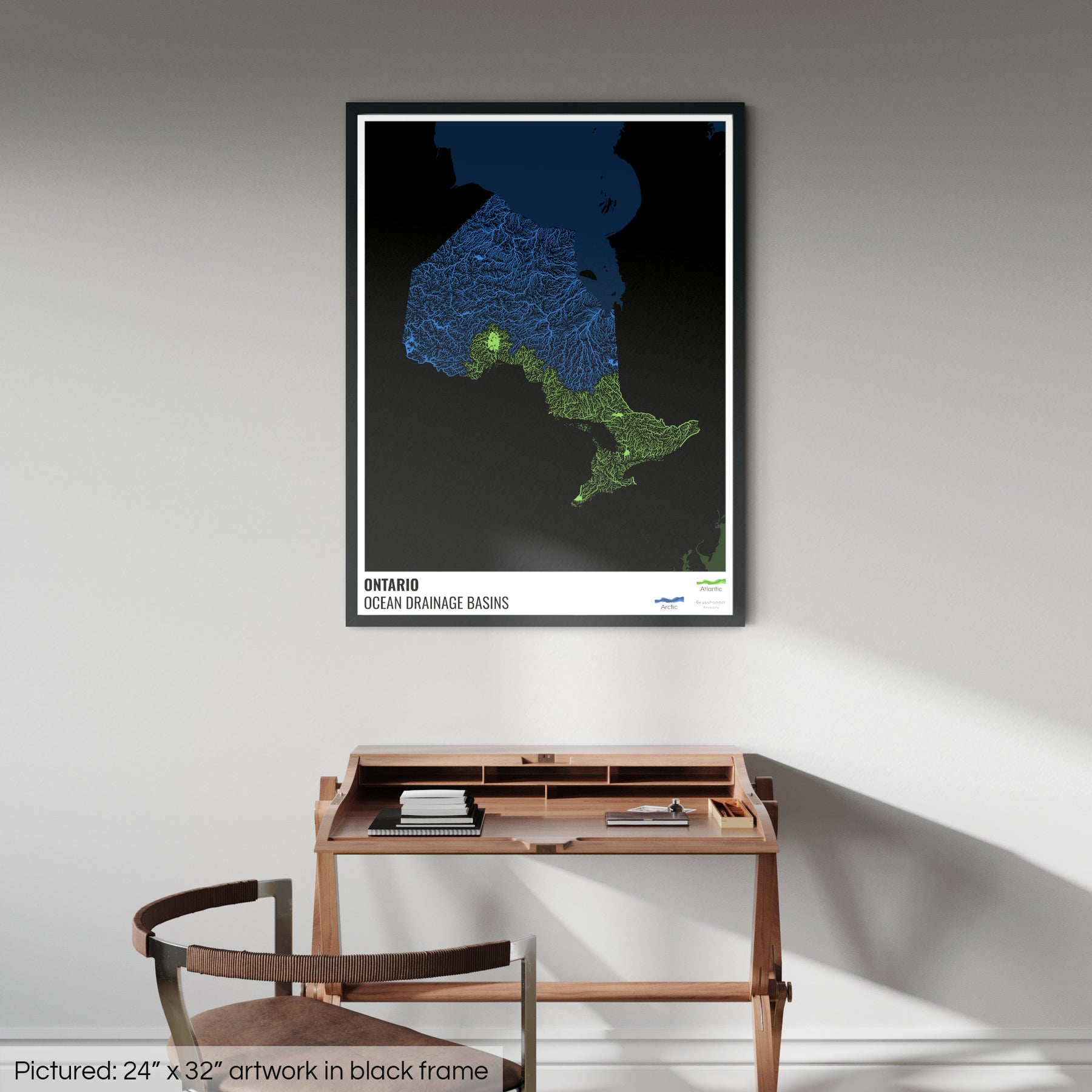 Ontario - Ocean drainage basin map, black with legend v2 - Framed Prin ...