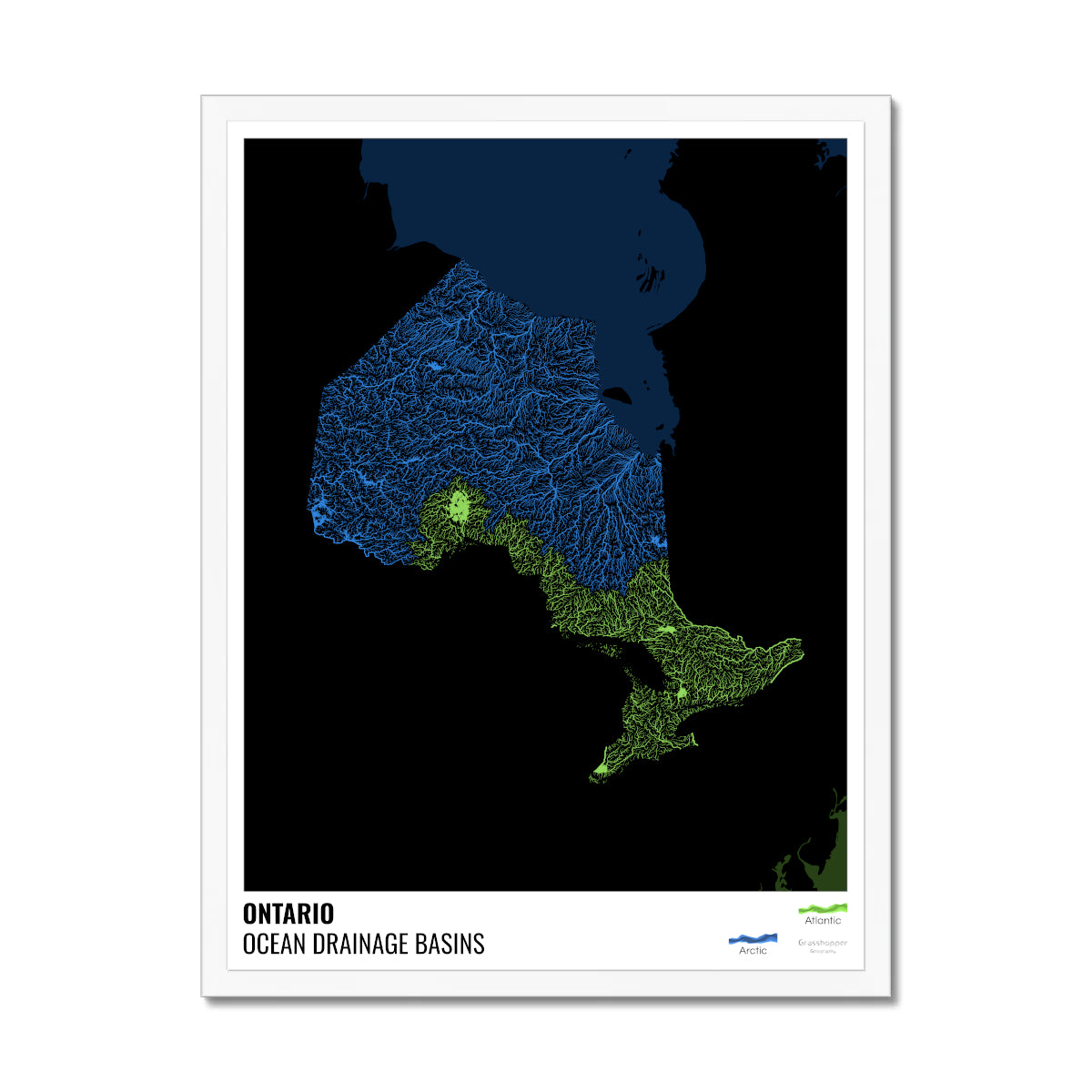 Ontario - Ocean drainage basin map, black with legend v2 - Framed Prin ...