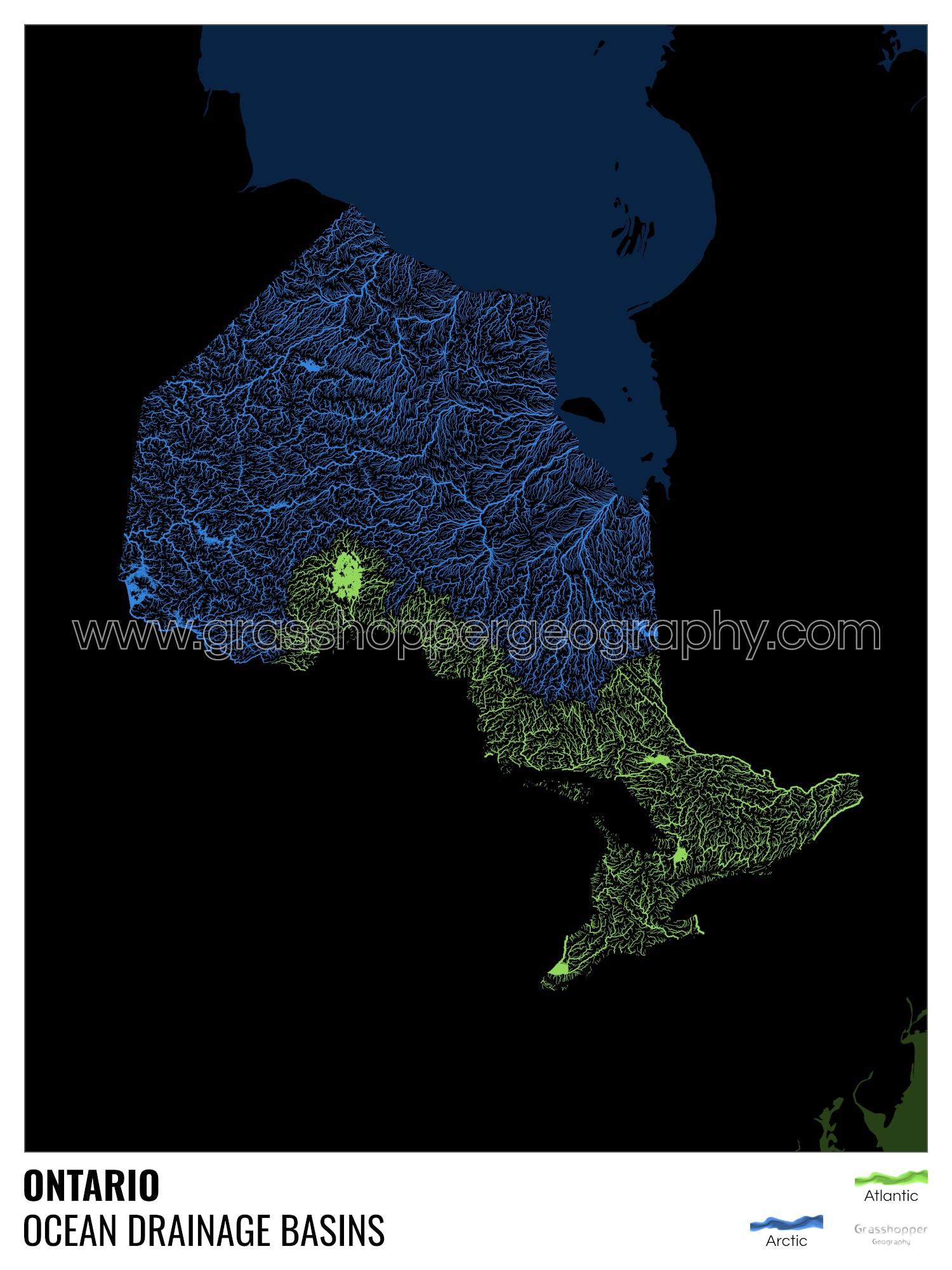Ontario Ocean Drainage Basin Map Black With Legend V2 Fine Art Pr